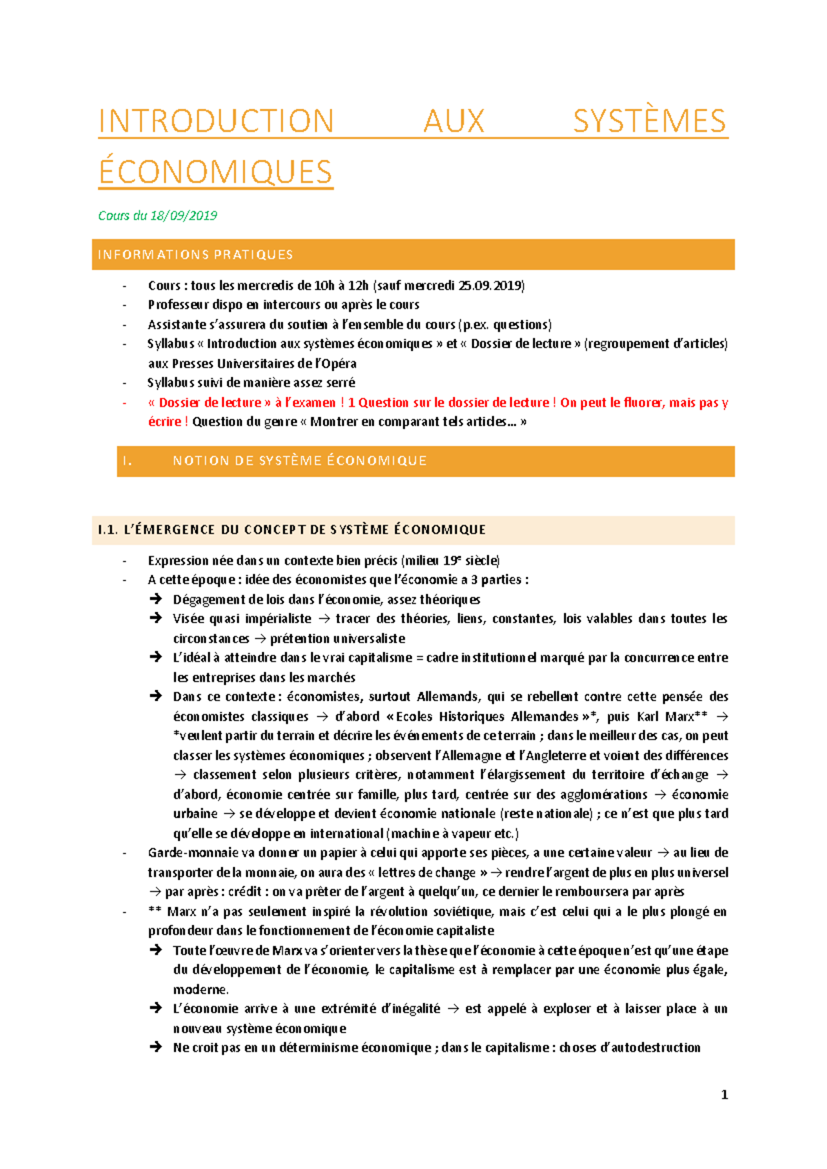 Introduction aux Systèmes Économiques - Cours du 18/09/2019 - Studocu