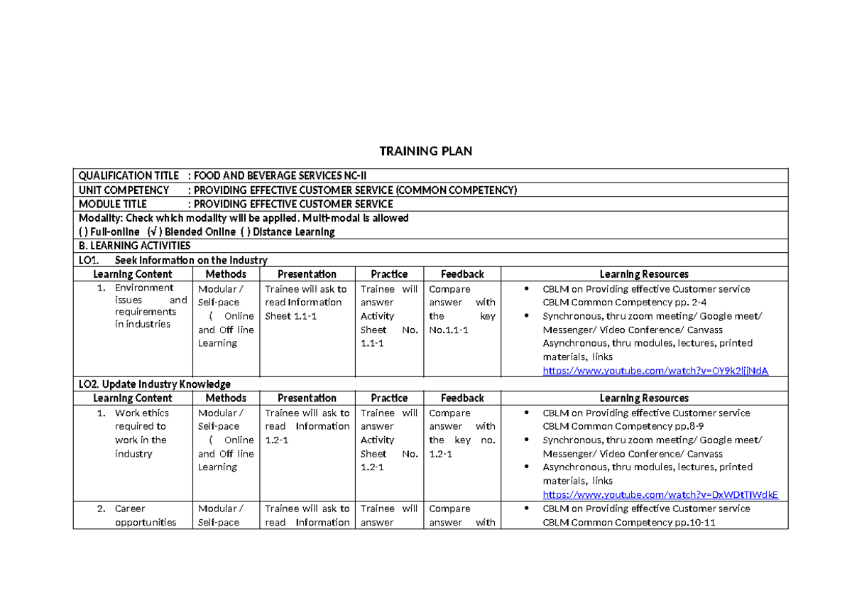 FBS NC-II: Effective Customer Service Training Plan Outline - Studocu