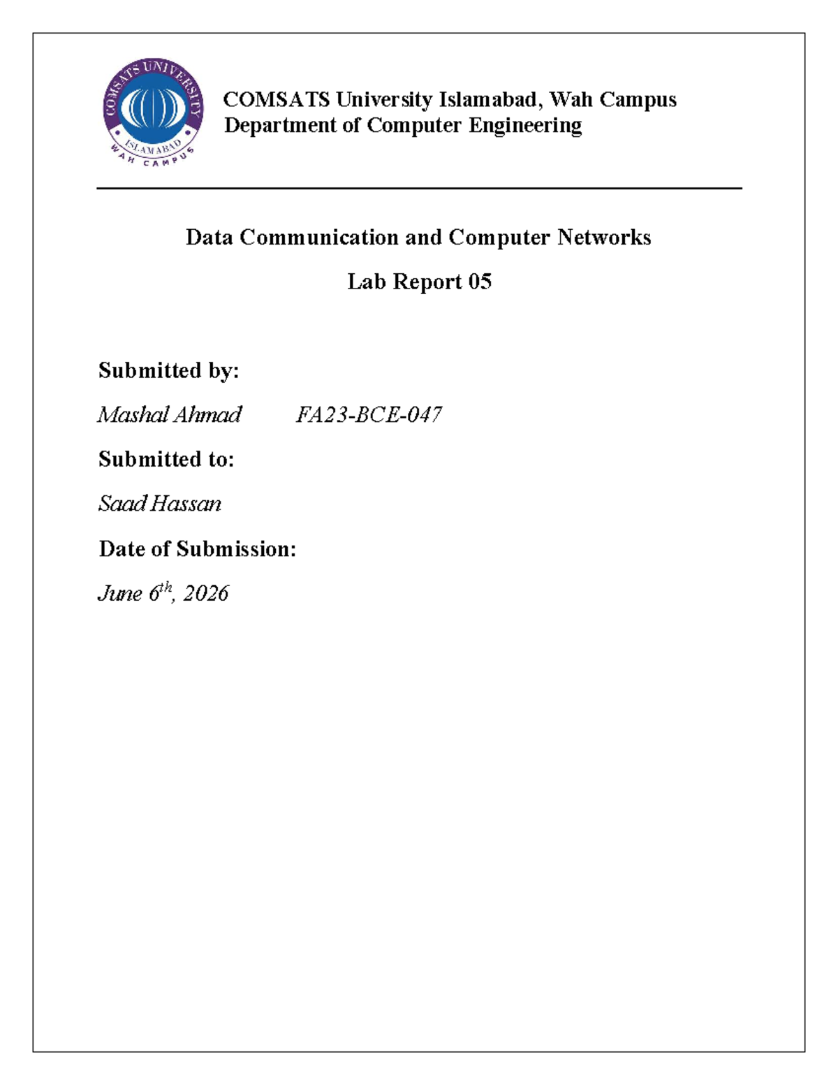DCCN Lab Report 05: UTP Cable Fabrication & Testing (FA23-BCE-047 ...