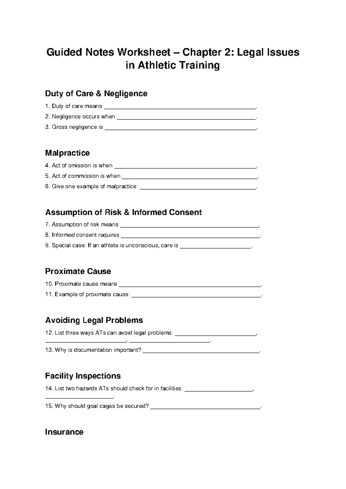 Chapter 2 Guided Notes: Legal Issues in Athletic Training - Studocu