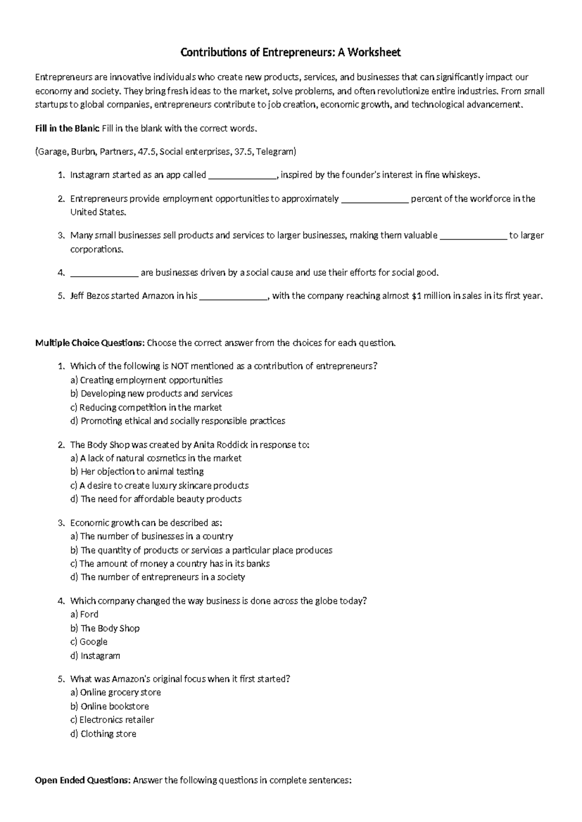 Entrepr.-Chpt: Contributions of Entrepreneurs Worksheet - Studocu
