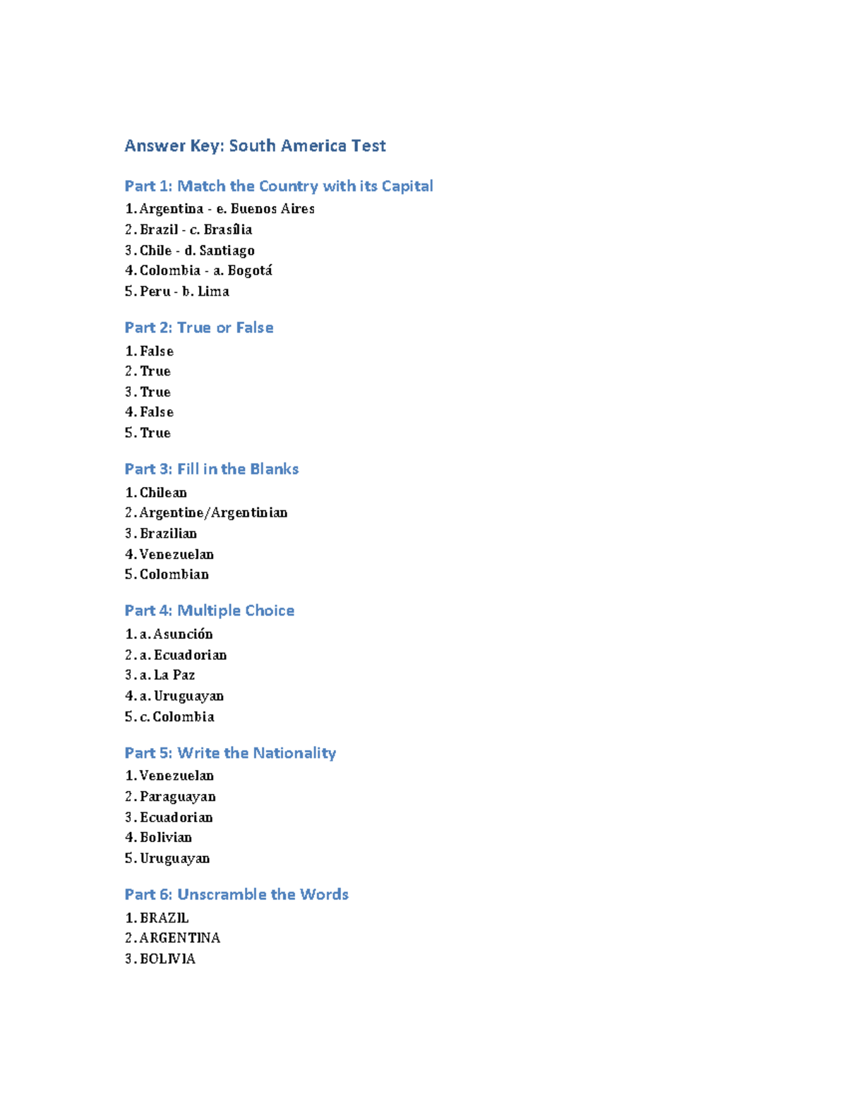 South America Test Answers - Answer Key: South America Test Part 1 ...