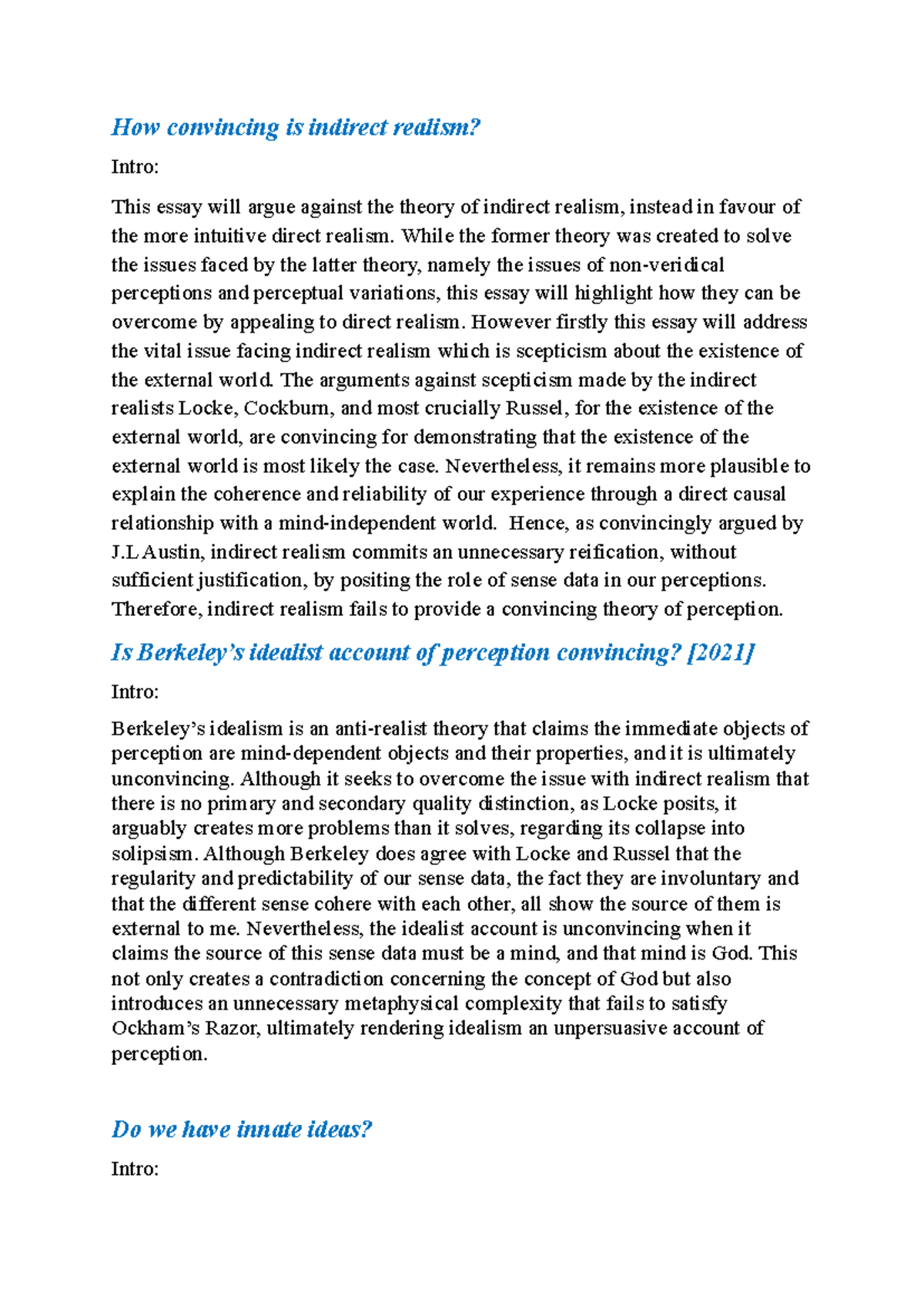 Final 25 MARK Philo Essay: Evaluating Indirect Realism and Other ...