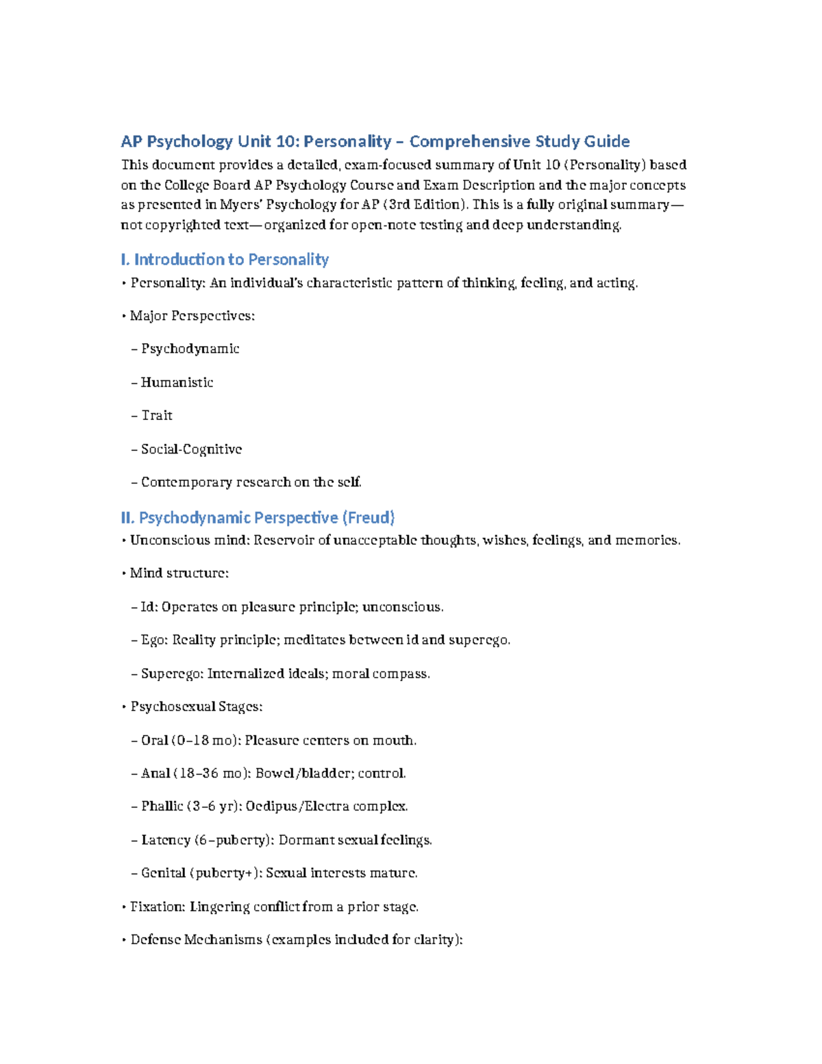 AP Psych Unit 10: Comprehensive Personality Study Guide - Studocu