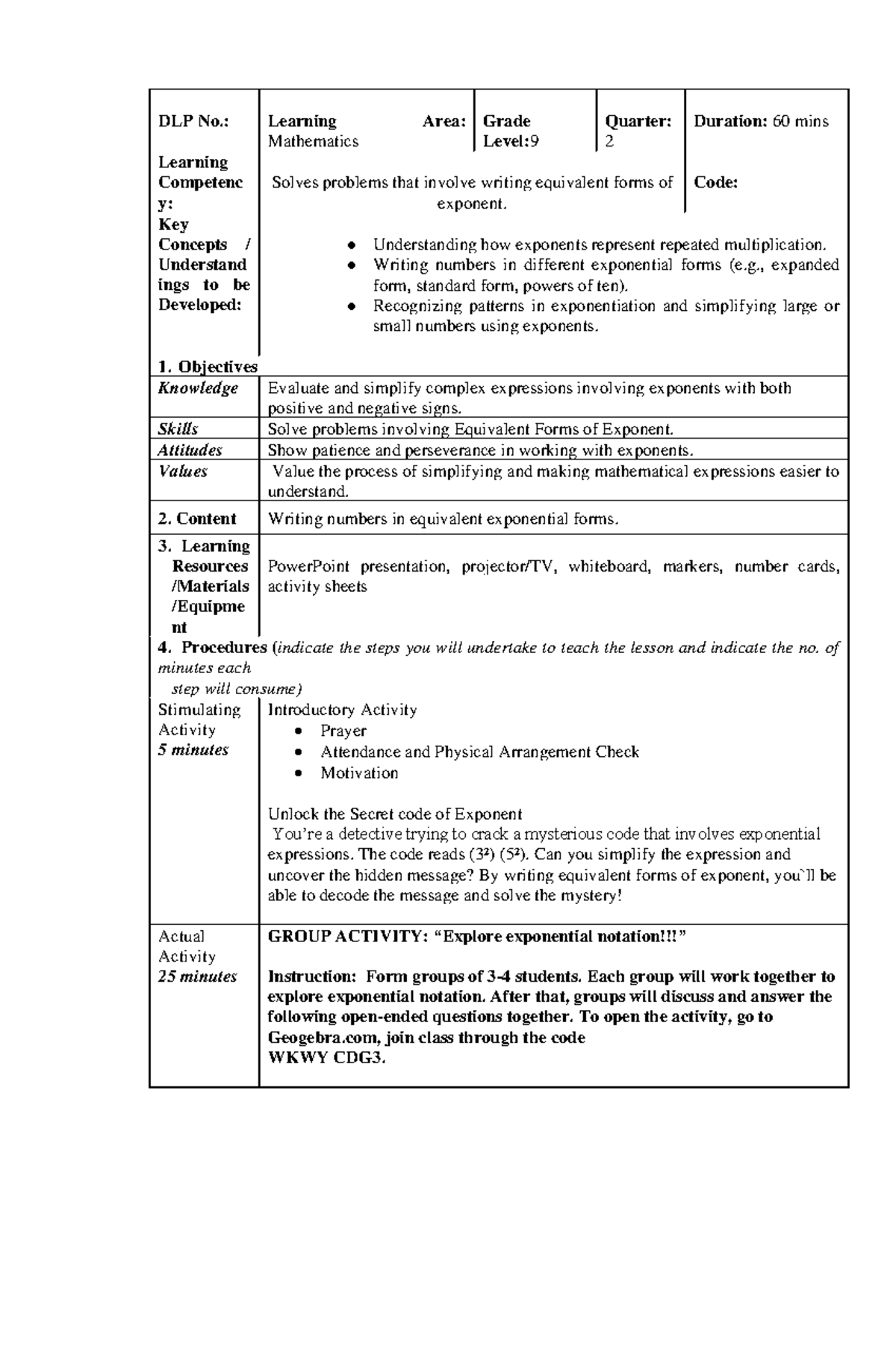 Lesson Plan: Understanding Exponents - Grade 9 (Quarter 2) - Studocu