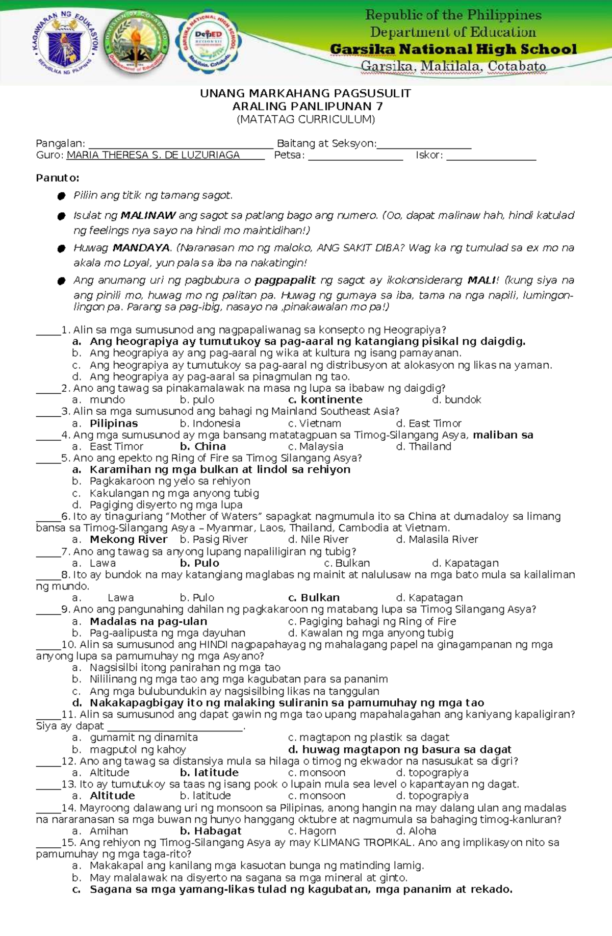AP 7 (1st Quarter Exam - Araling Panlipunan: Matatag Curriculum) - Studocu