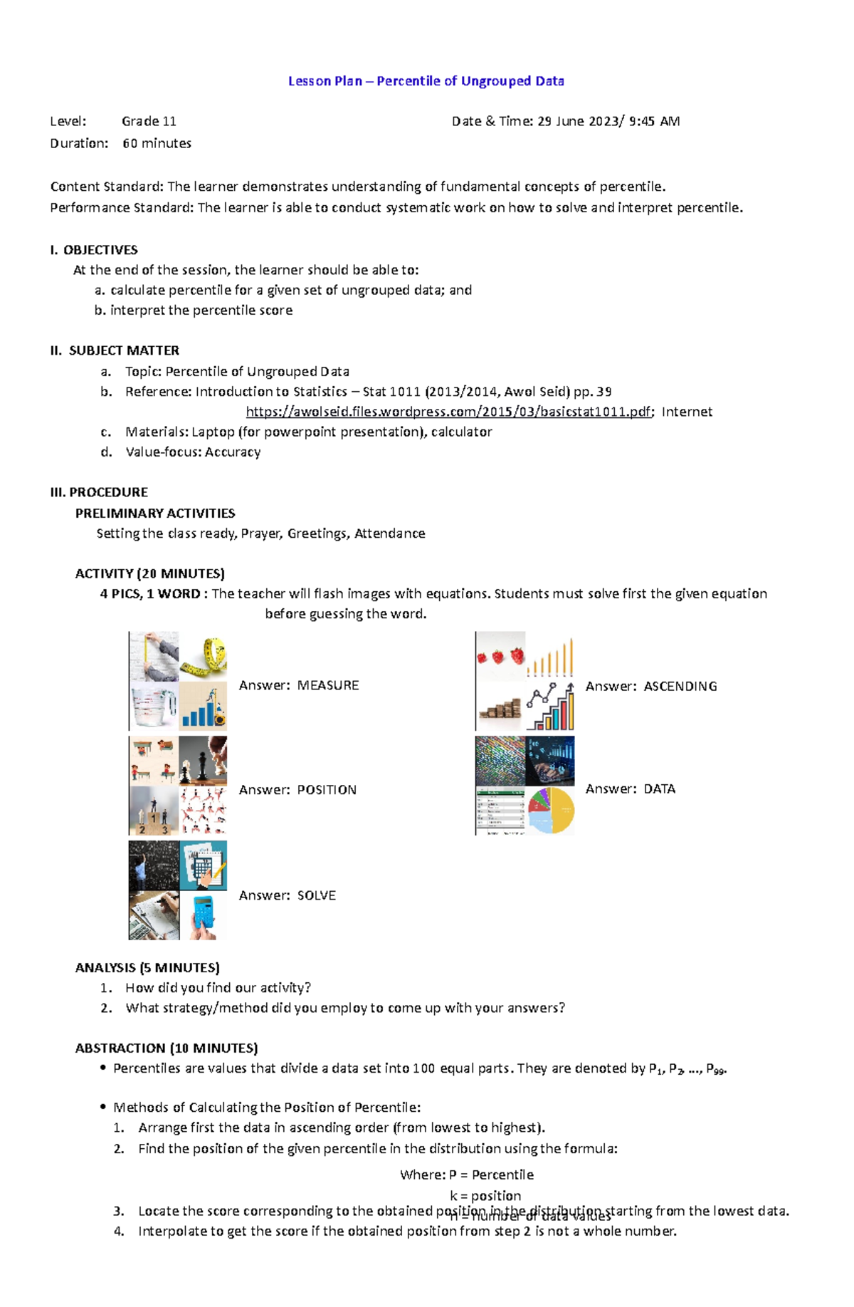 Lesson Plan - Percentile of Ungrouped Data for Grade 11 - Studocu