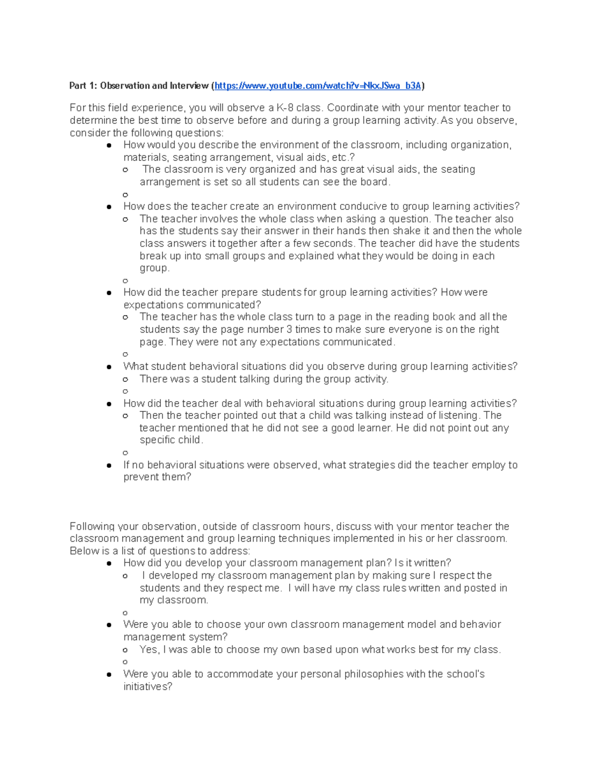 K-8 Classroom Collaboration Techniques: Observation & Reflection - Studocu