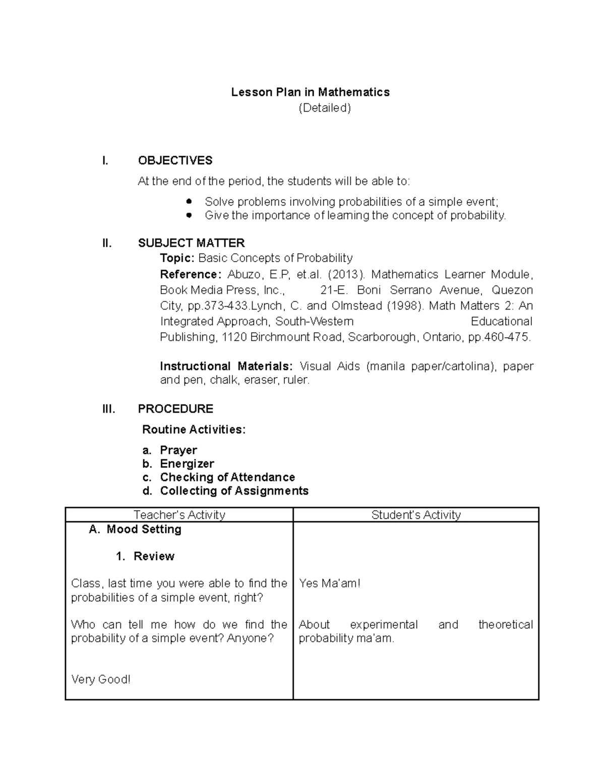 Lesson Plan in Theoretical Probability - Lesson Plan in Math 8 ...