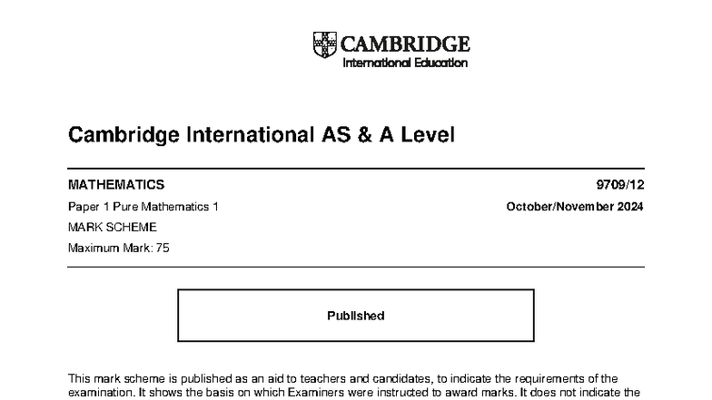 Cambridge International AS A Level Mathematics 9709 W24 Paper 1 Mark ...
