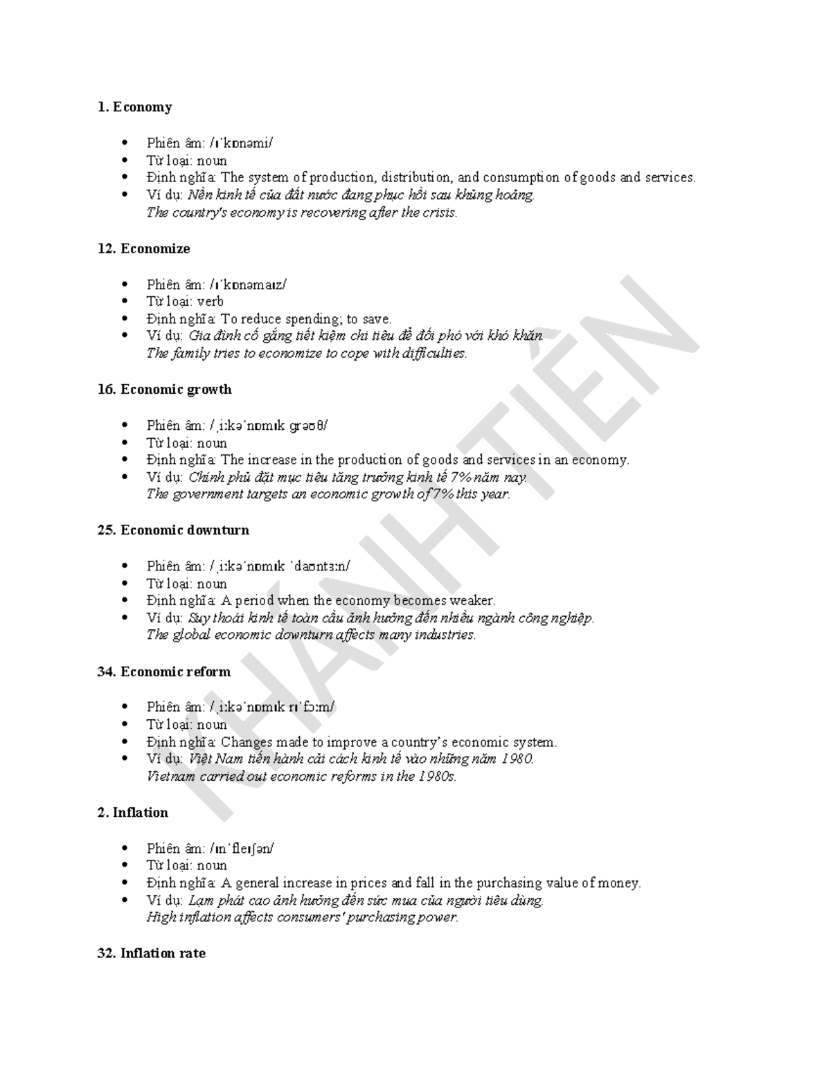 Economy Vocabulary Notes: Key Terms and Definitions - Studocu
