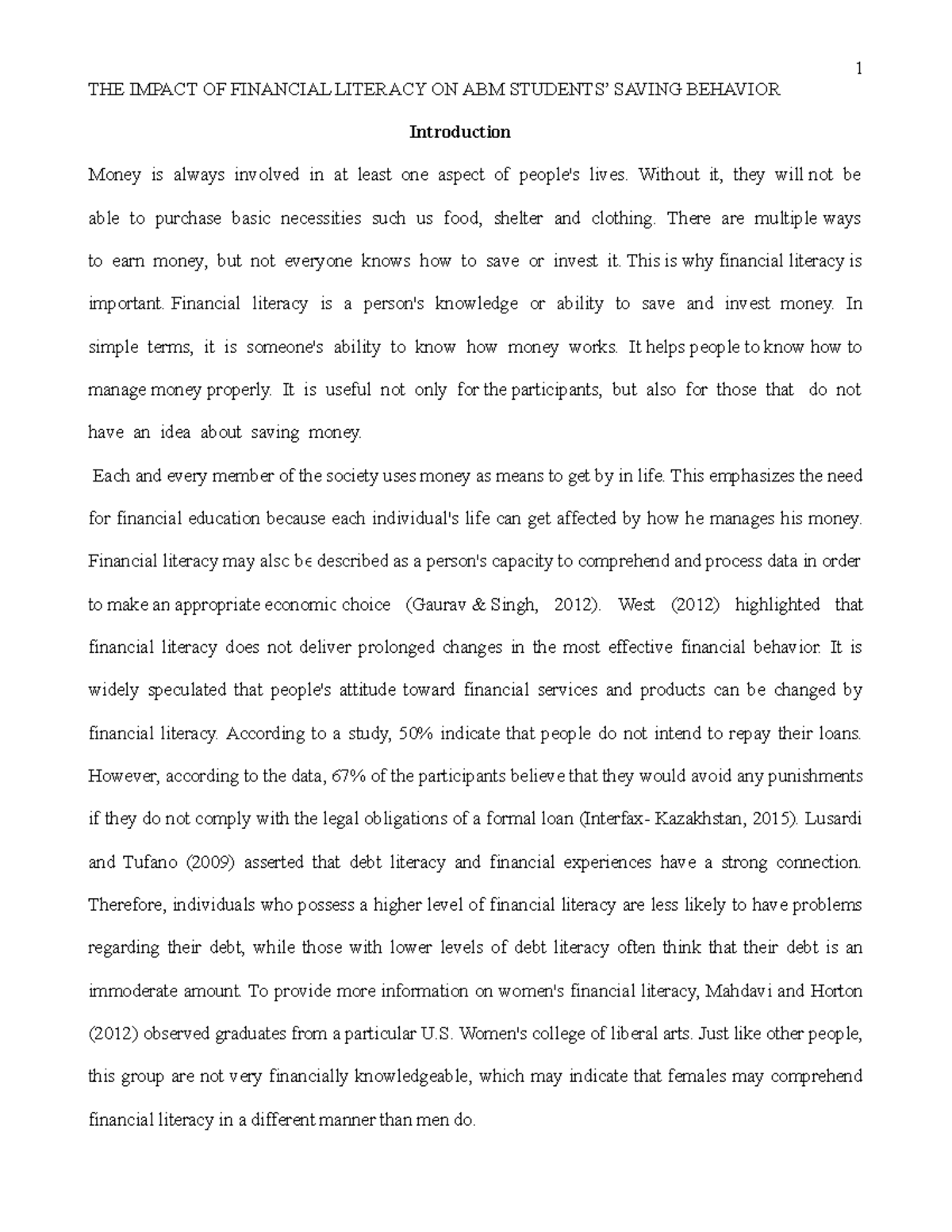 The Impact of Financial Literacy on ABM Students' Saving Habits - Studocu