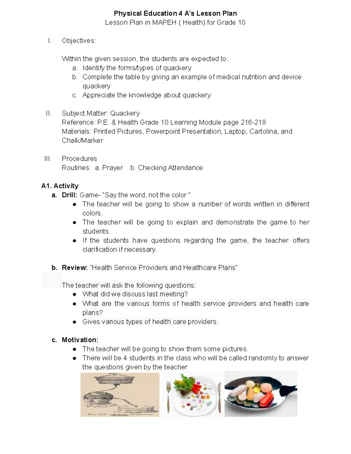 PE 4 A’s Lesson Plan: Quackery Focus for Grade 10 MAPEH Class - Studocu