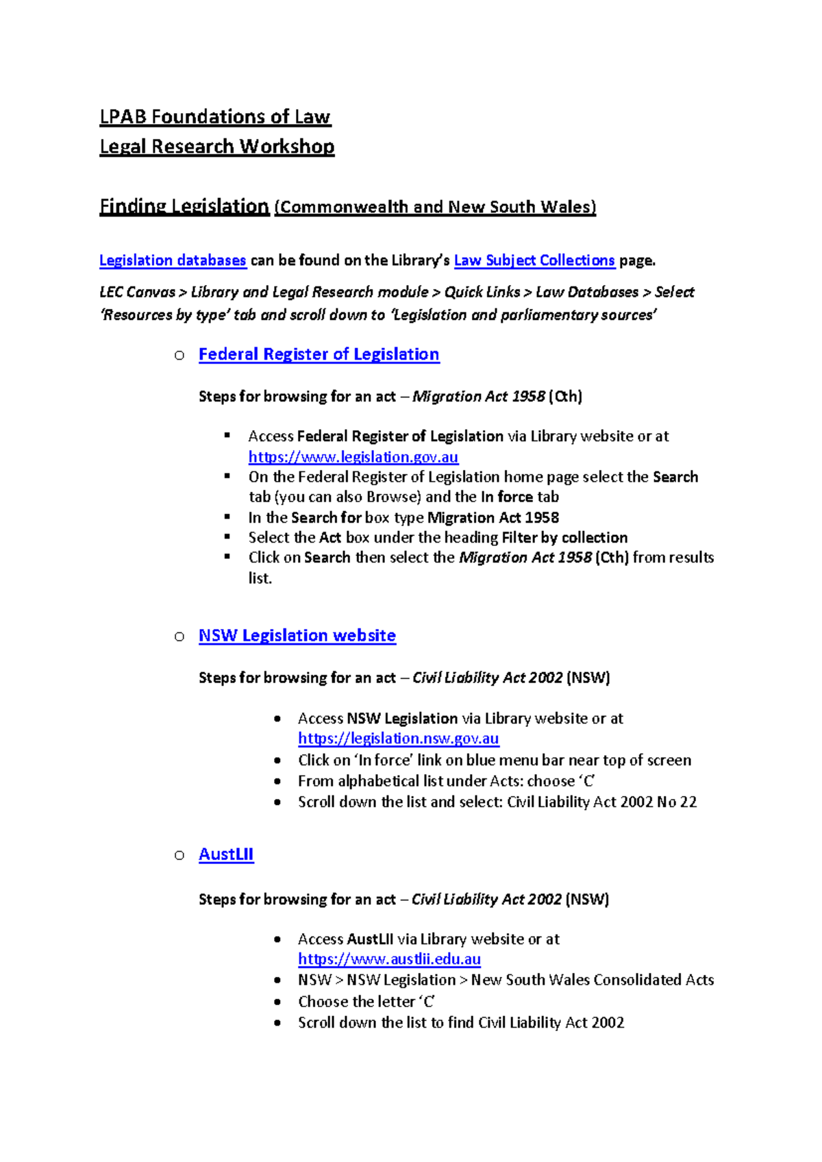 Finding Legislation Guided Worksheet May 2024 - LPAB Foundations of Law Legal Research Workshop ...