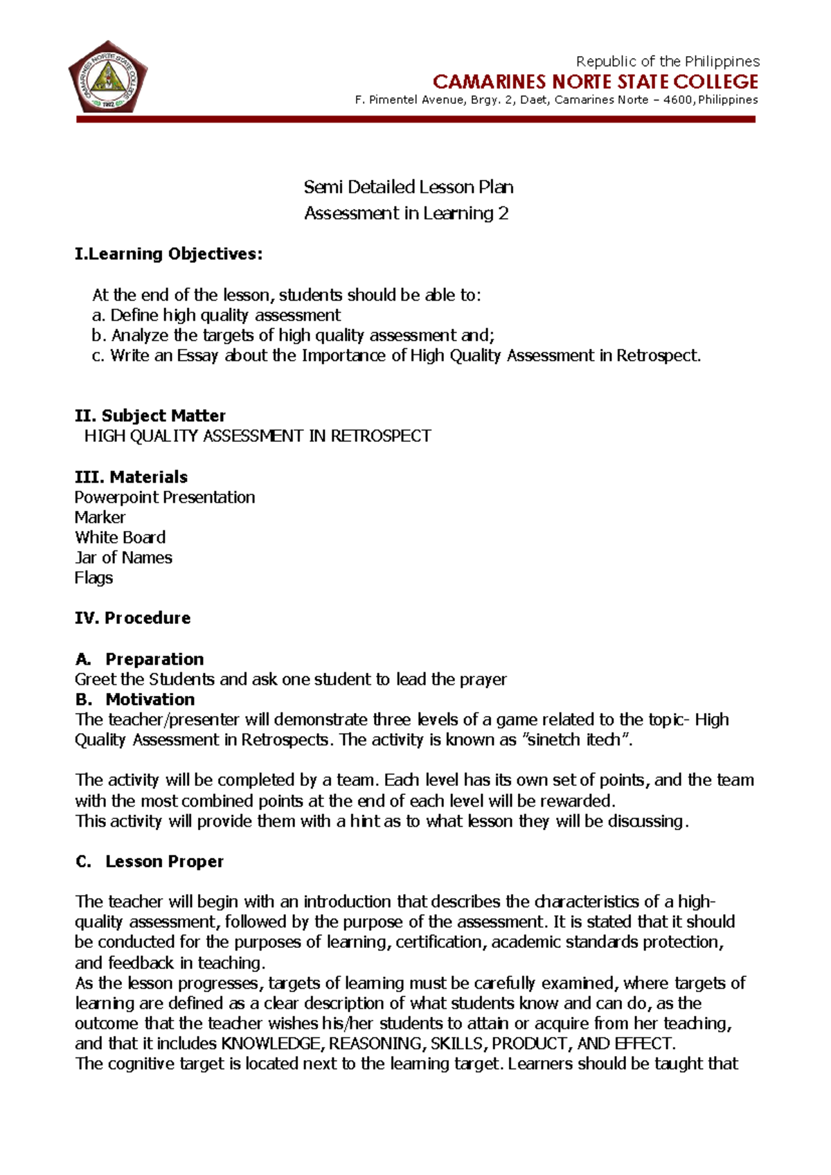 Semi DLP Group 1 - High Quality Assessment in Learning 2 - Studocu