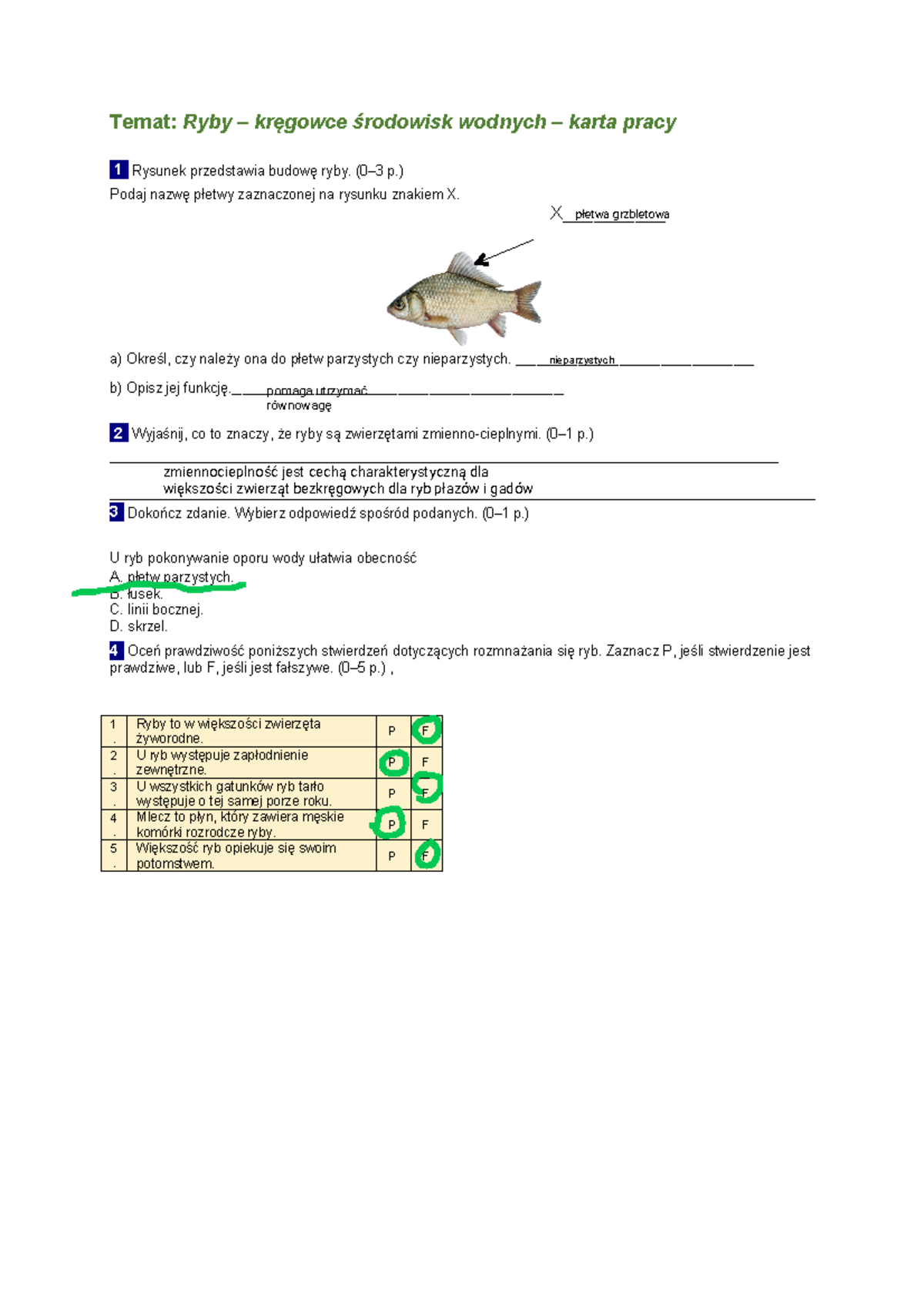 Ważne kartkówka ryby odpowiedzi - Temat: Ryby – kręgowce środowisk wodnych – karta pracy 1 ...