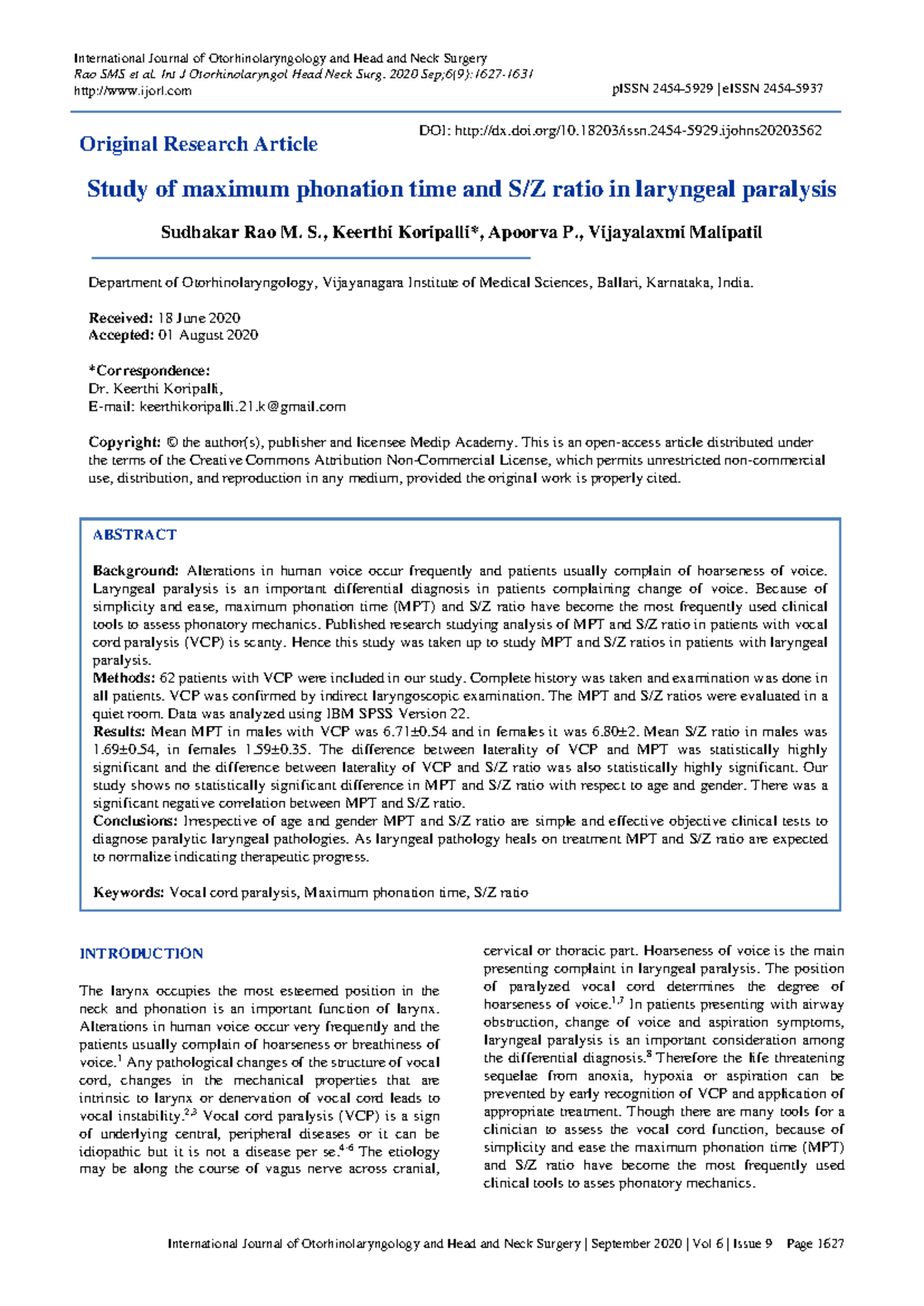 Study of MPT and Ratio in Laryngeal Paralysis (IJOHNS 2020) - Studocu