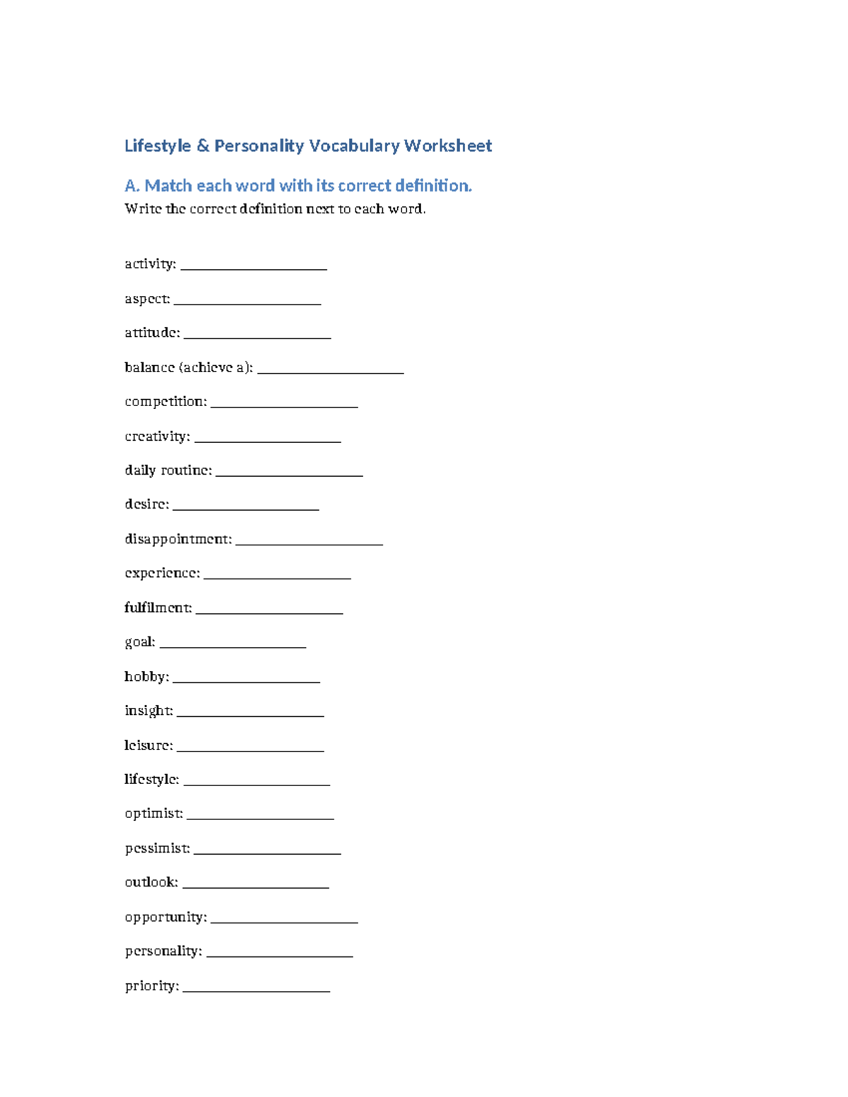 Lifestyle & Personality Vocabulary Worksheet - Studocu