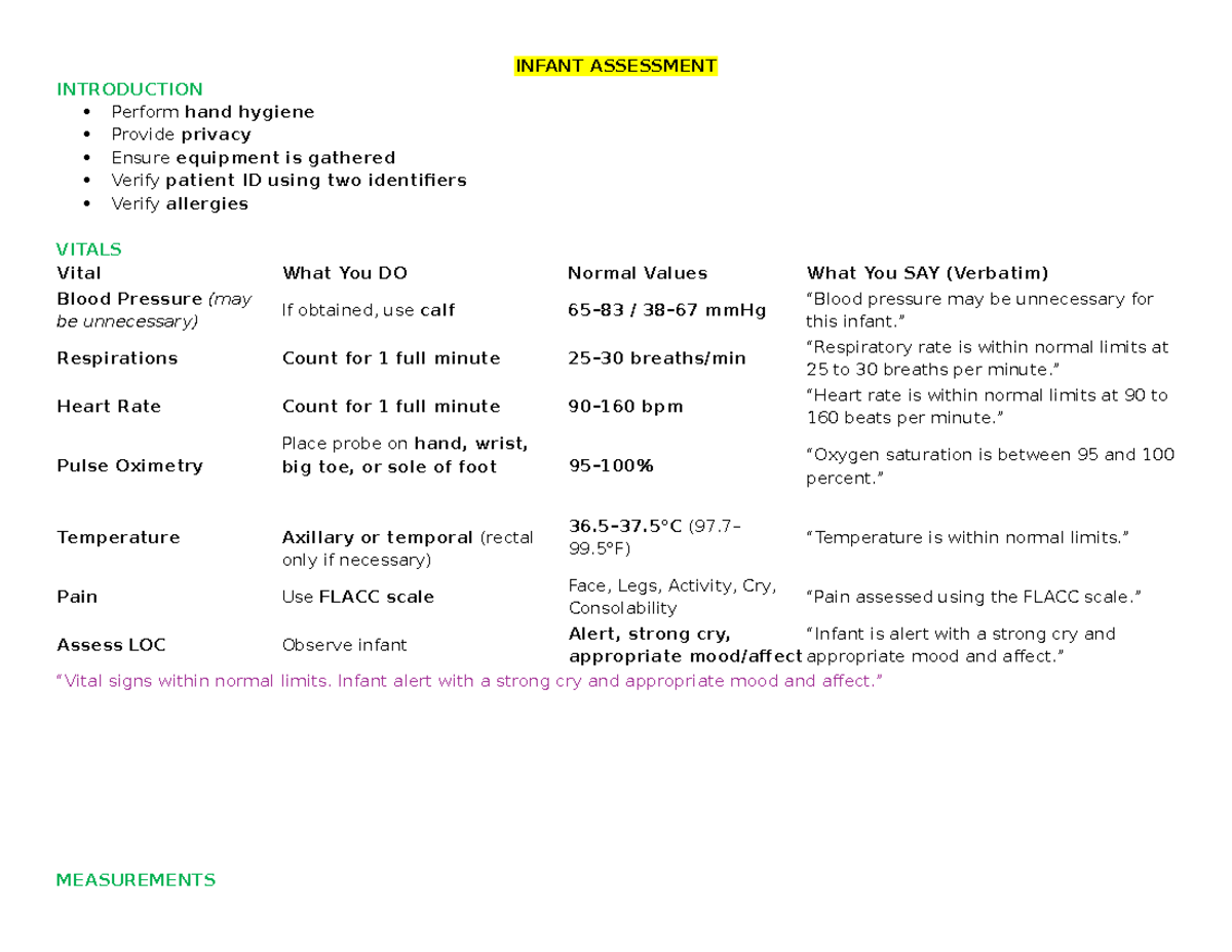 INFANT ASSESSMENT GUIDE: Vital Signs & Developmental Milestones - Studocu