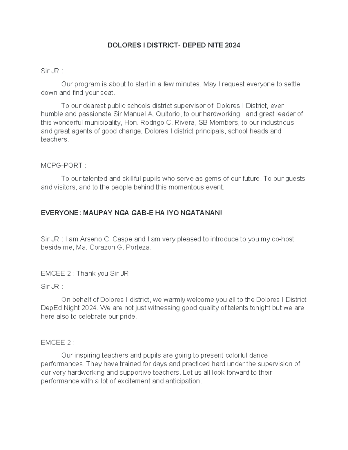 DepEd NITE 2024 Emcee Script for Dolores I District Event - Studocu