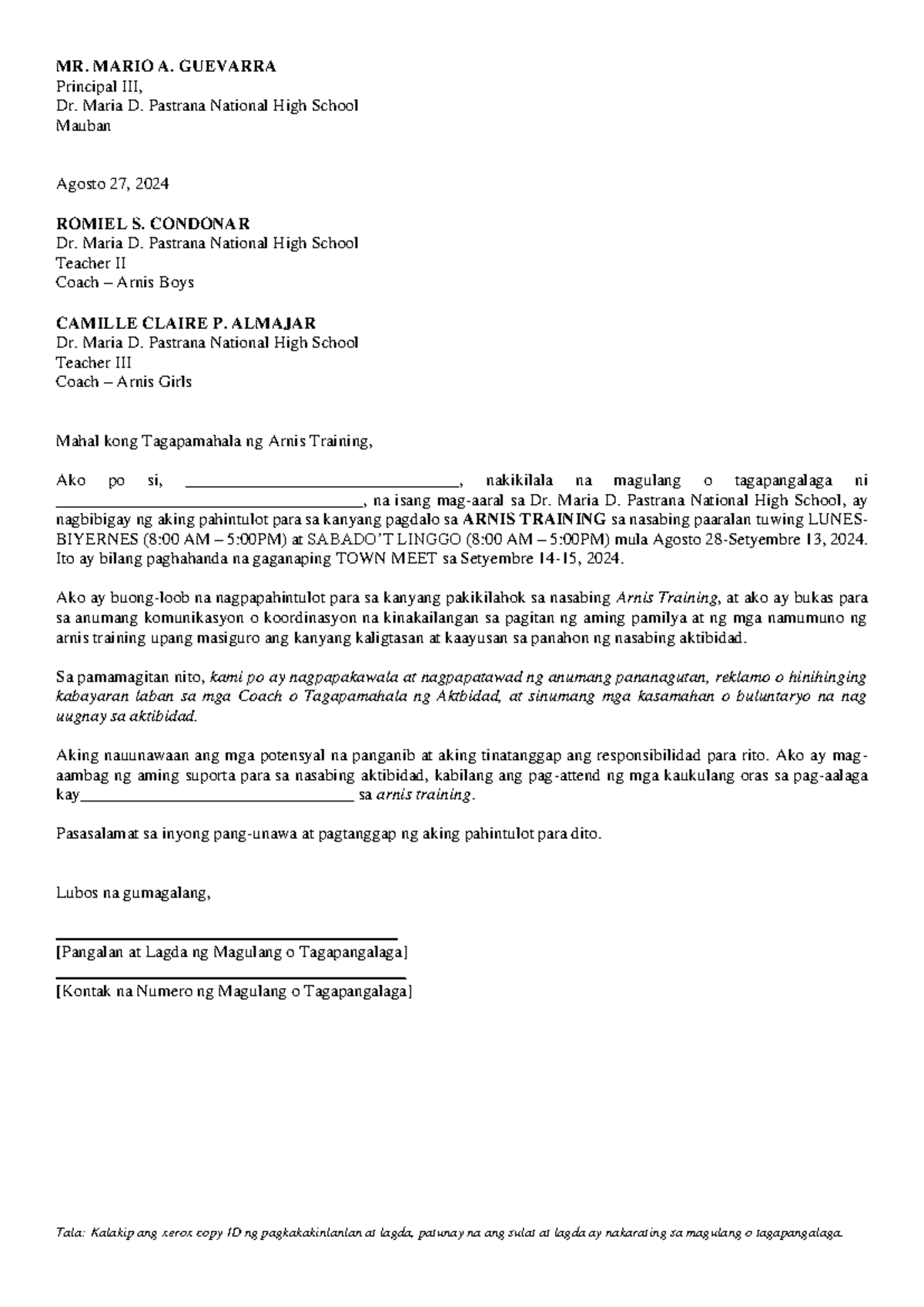 Parental Consent for Arnis Training and Town Meet Participation - Studocu