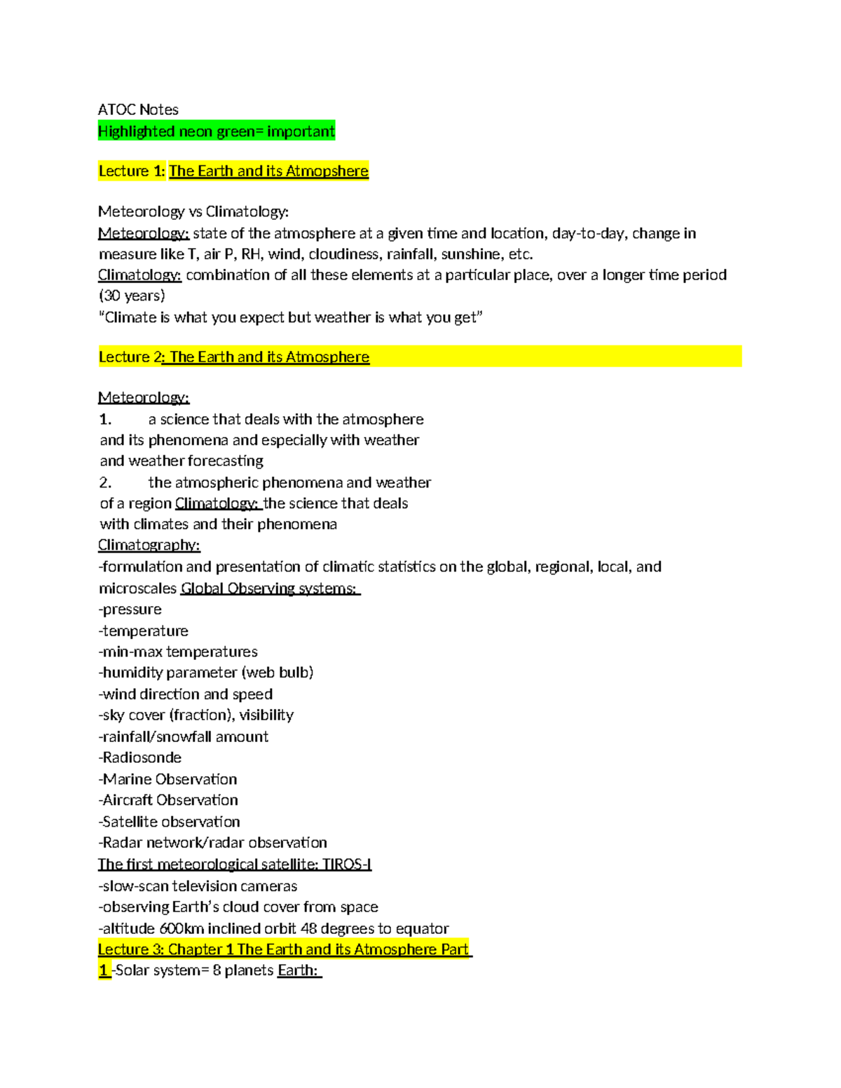ATOC 181 Final Exam Notes: Meteorology, Climatology, and Atmosphere ...