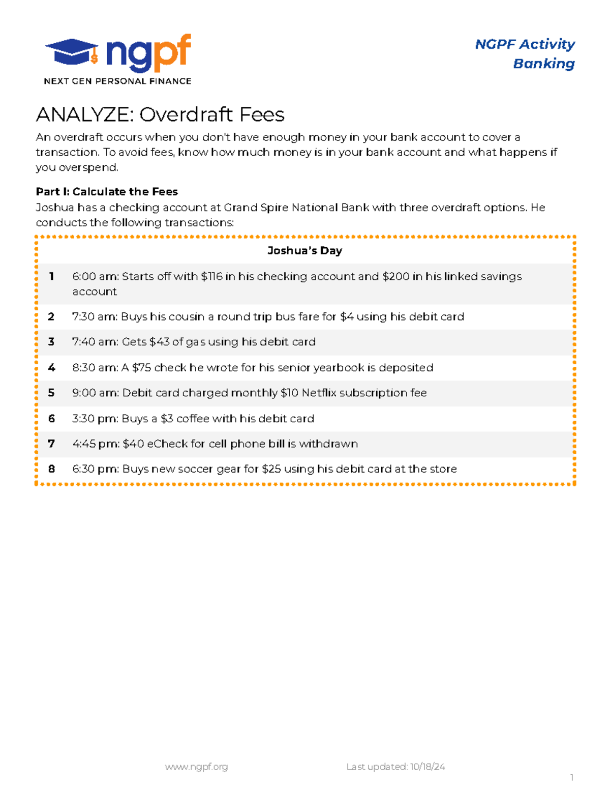 NGPF Activity - Analyze Overdraft Fees and Implications - Studocu