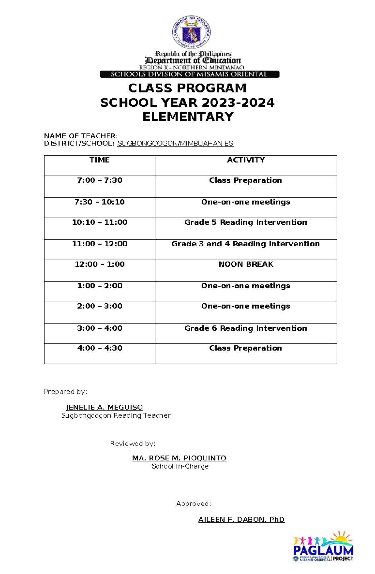 Class Program - n/a - CLASS PROGRAM SCHOOL YEAR 2023- ELEMENTARY NAME OF TEACHER: DISTRICT ...