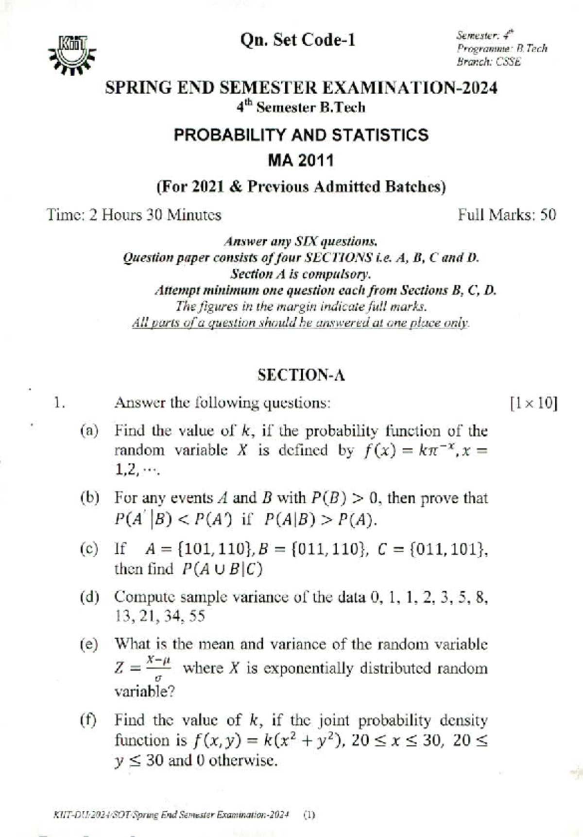 PS 2024 End Sem Spring - Probability & Statistics Qn Set - Studocu