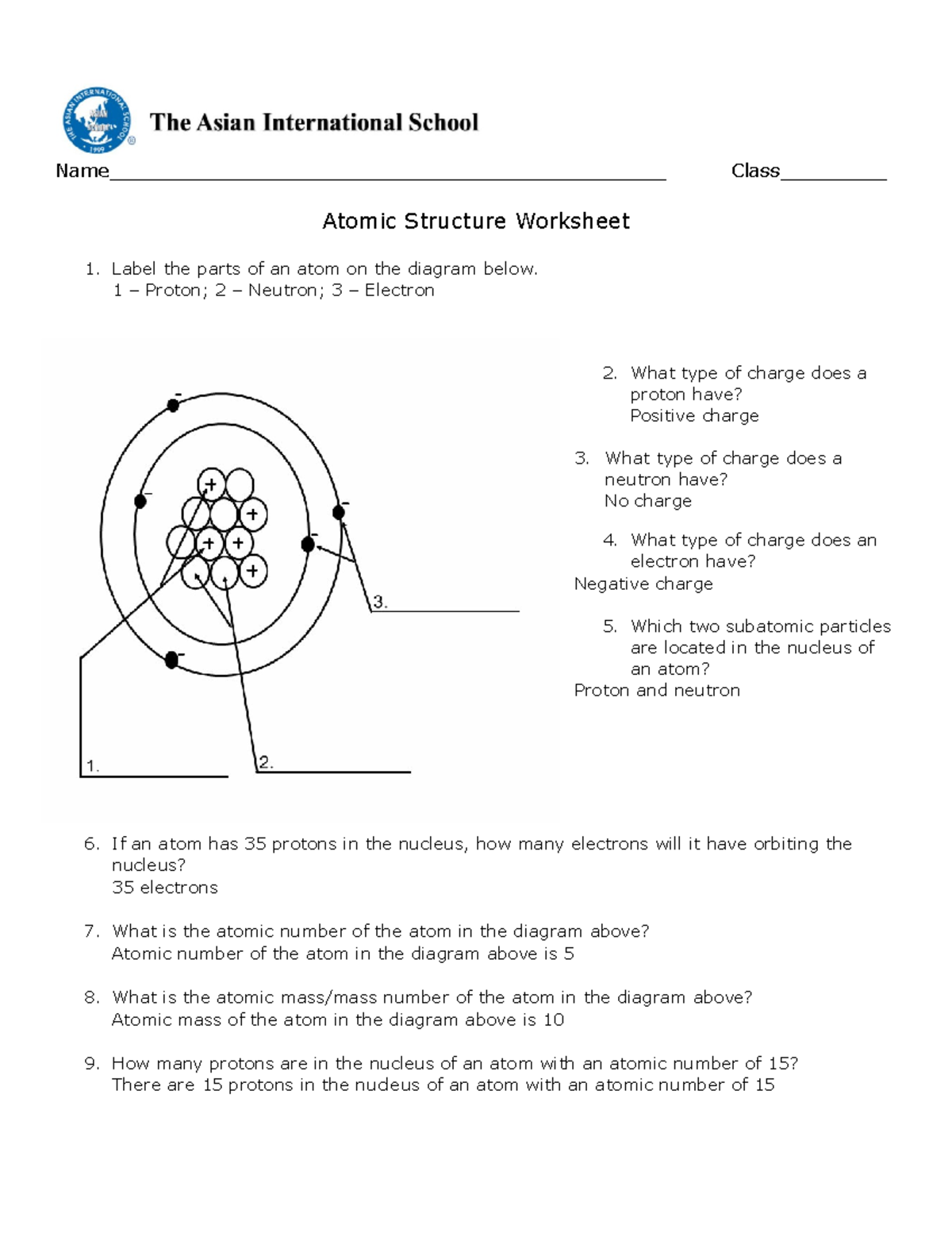Atomic Structure Worksheet 1: Parts of an Atom and Charges - Studocu