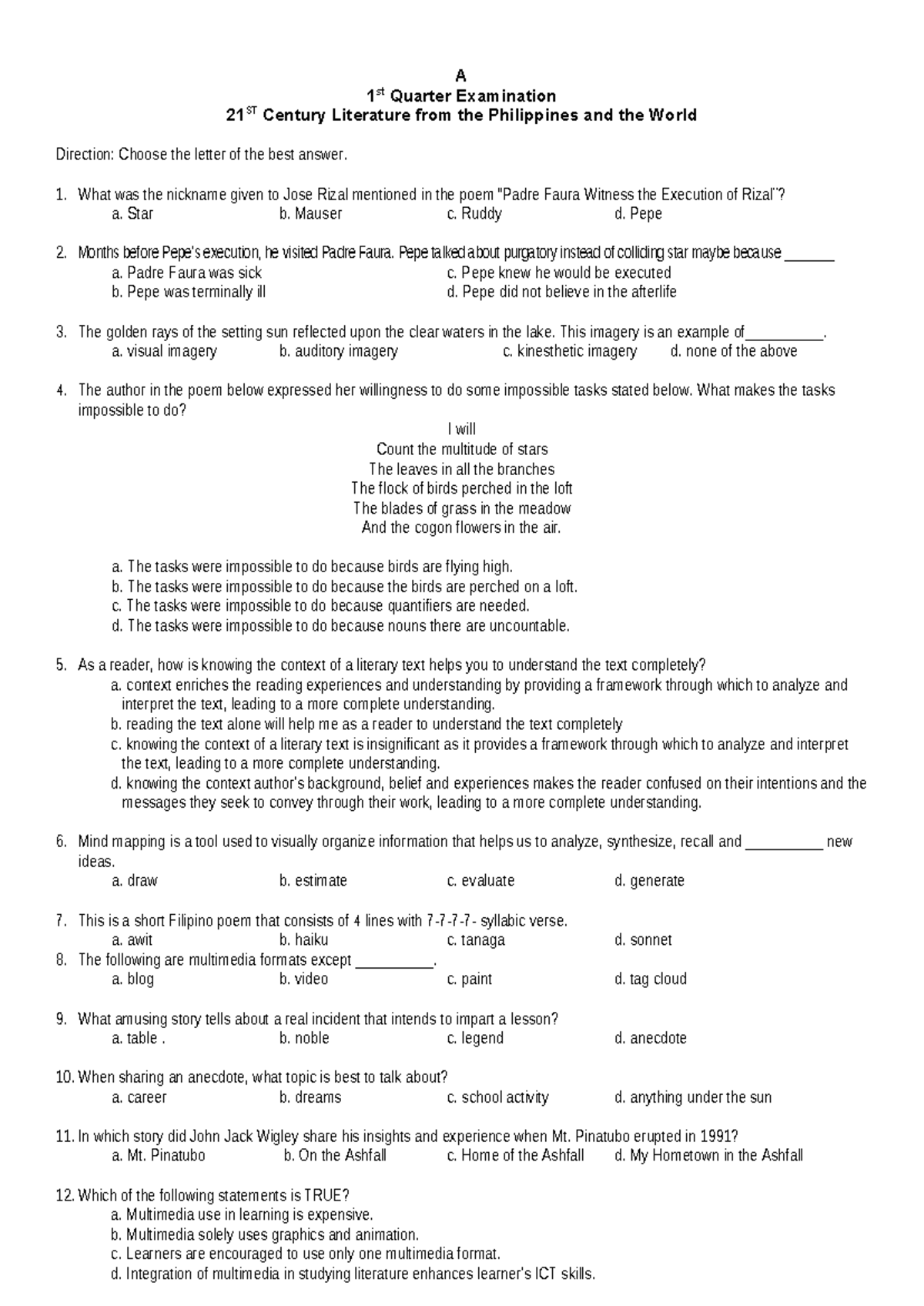 21st Century Literature Final Exam (A) Review and Answer Key - Studocu