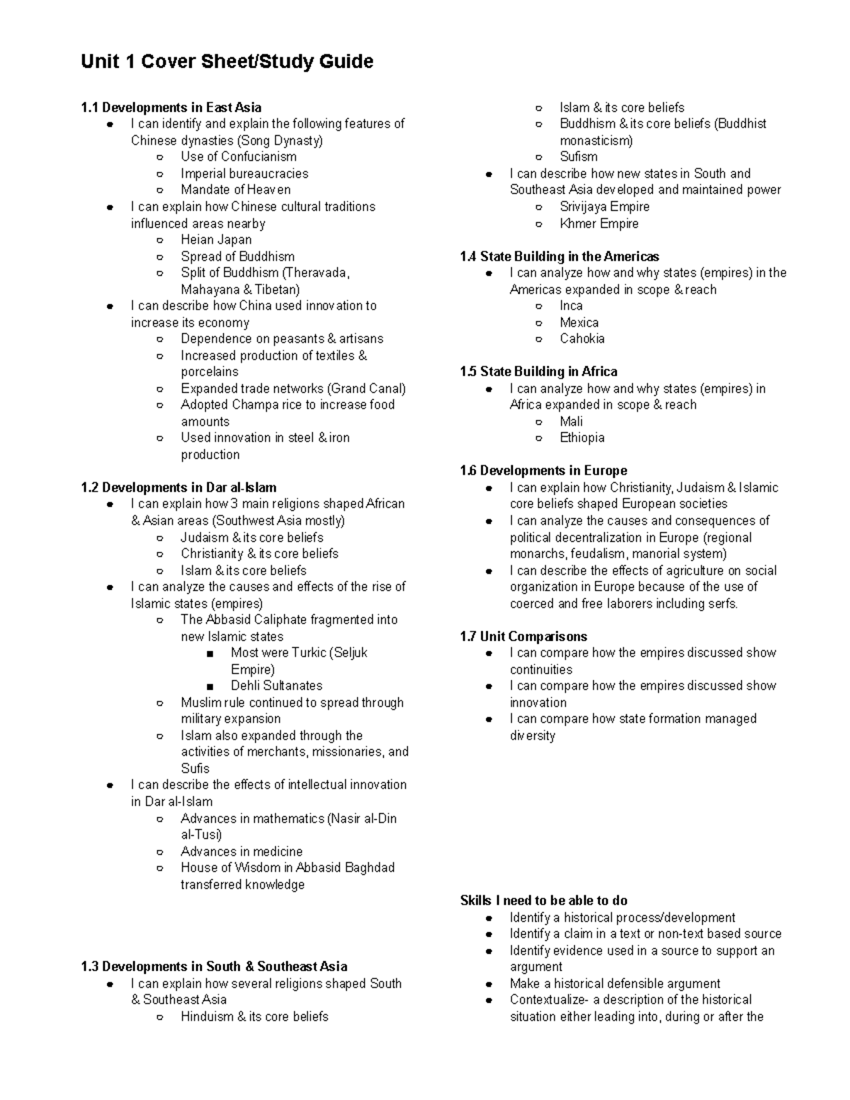 Unit 1 Study Guide: Developments in East Asia, Islam, and Americas ...