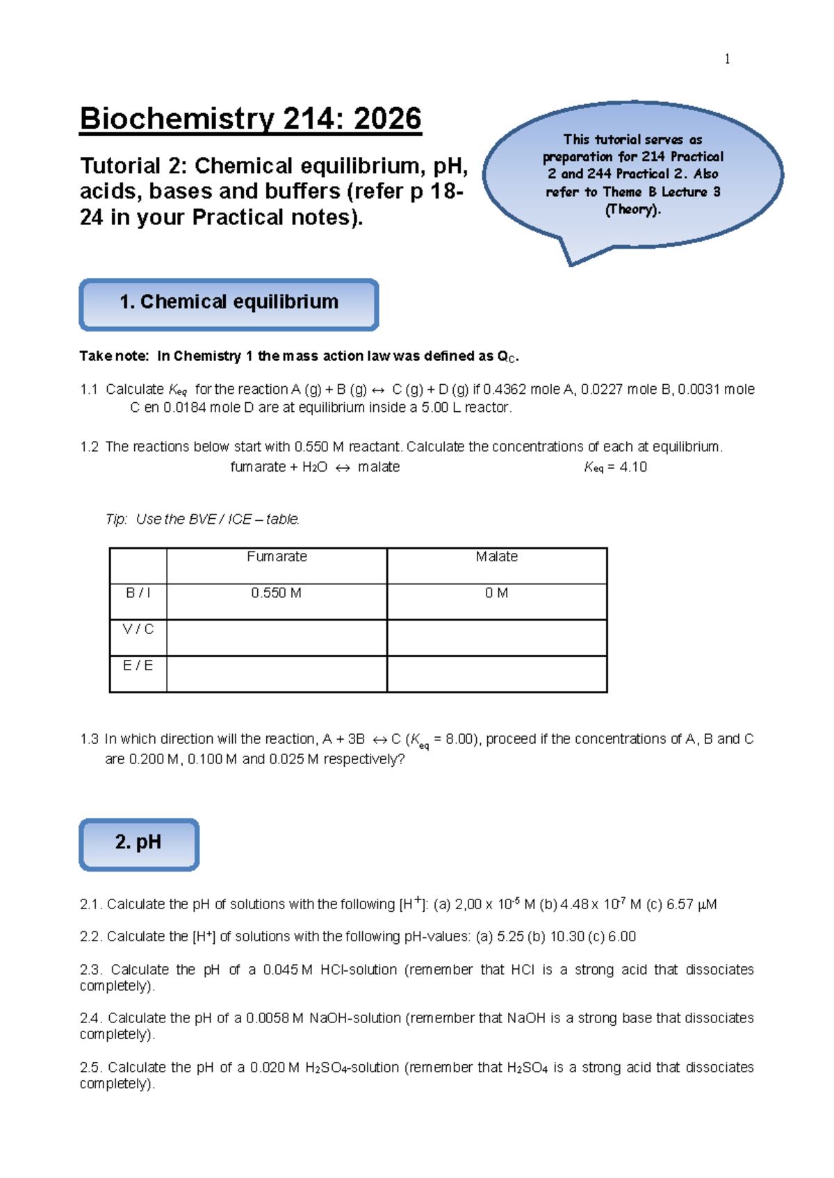 Biochemistry 214: Tutorial 2 - Chemical Equilibrium & pH Calculations ...