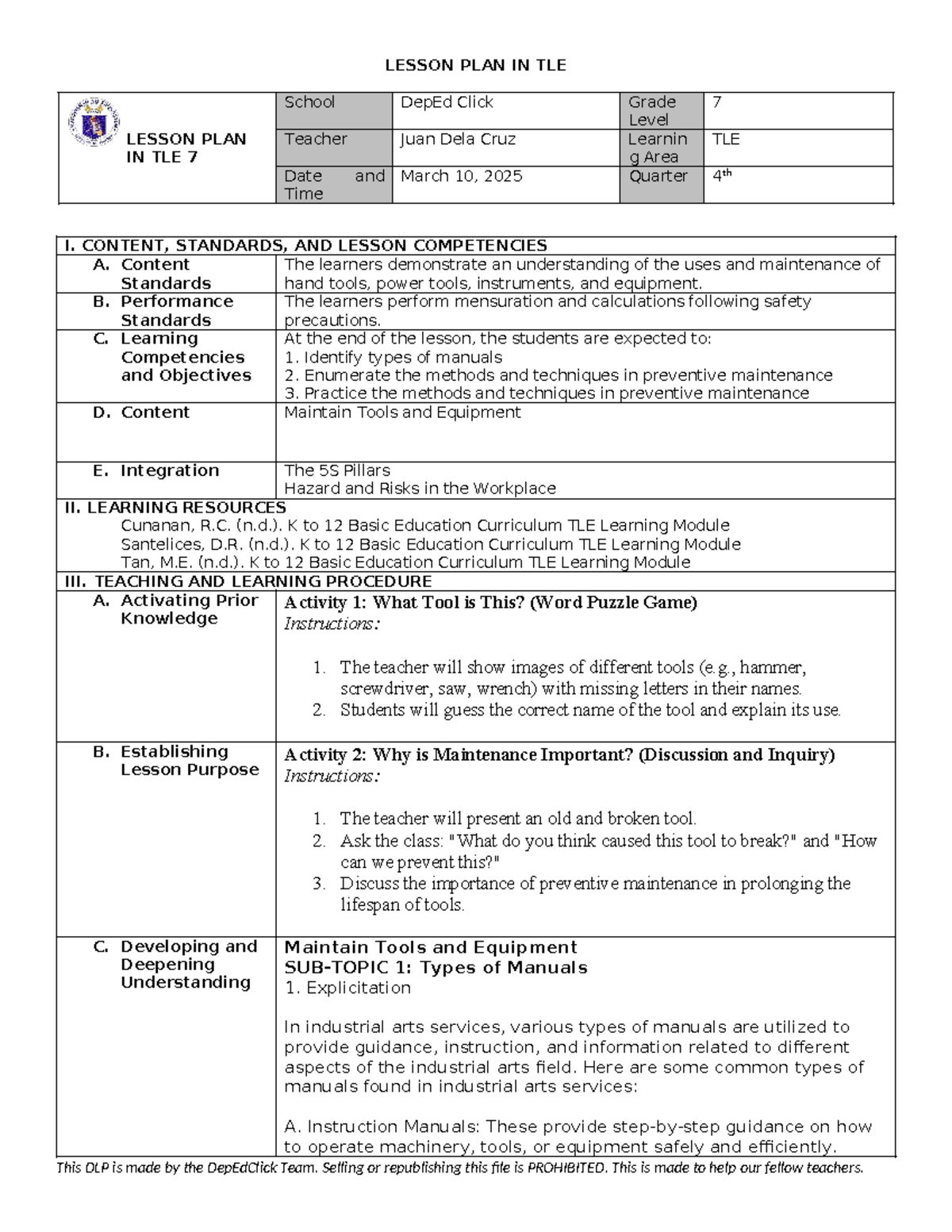 CO Q4 DLP TLE 7 - Lesson Plan on Tool Maintenance and Safety - Studocu