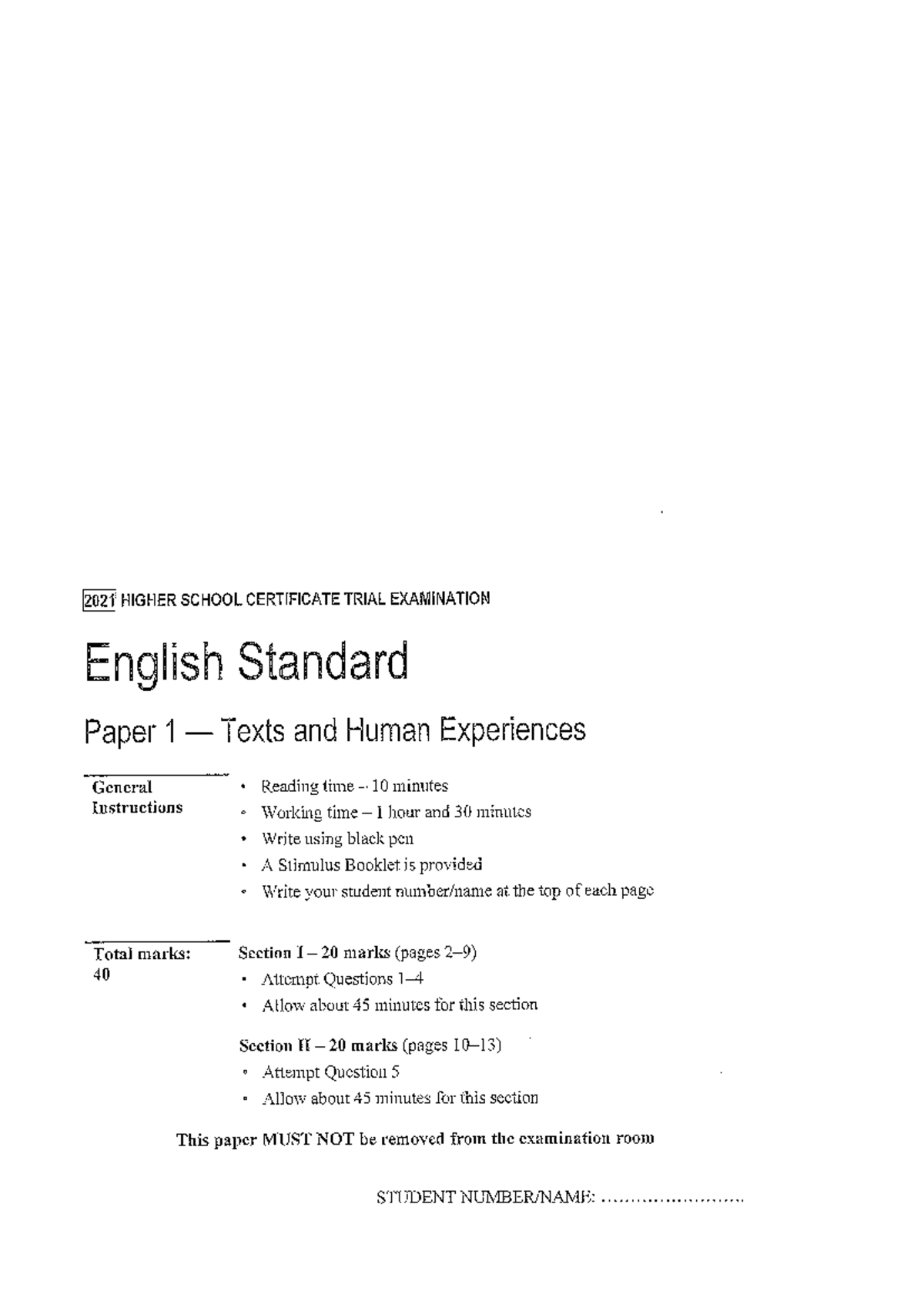 2021 HSC Trial Exam: English Standard Paper 1 Summary & Analysis - Studocu