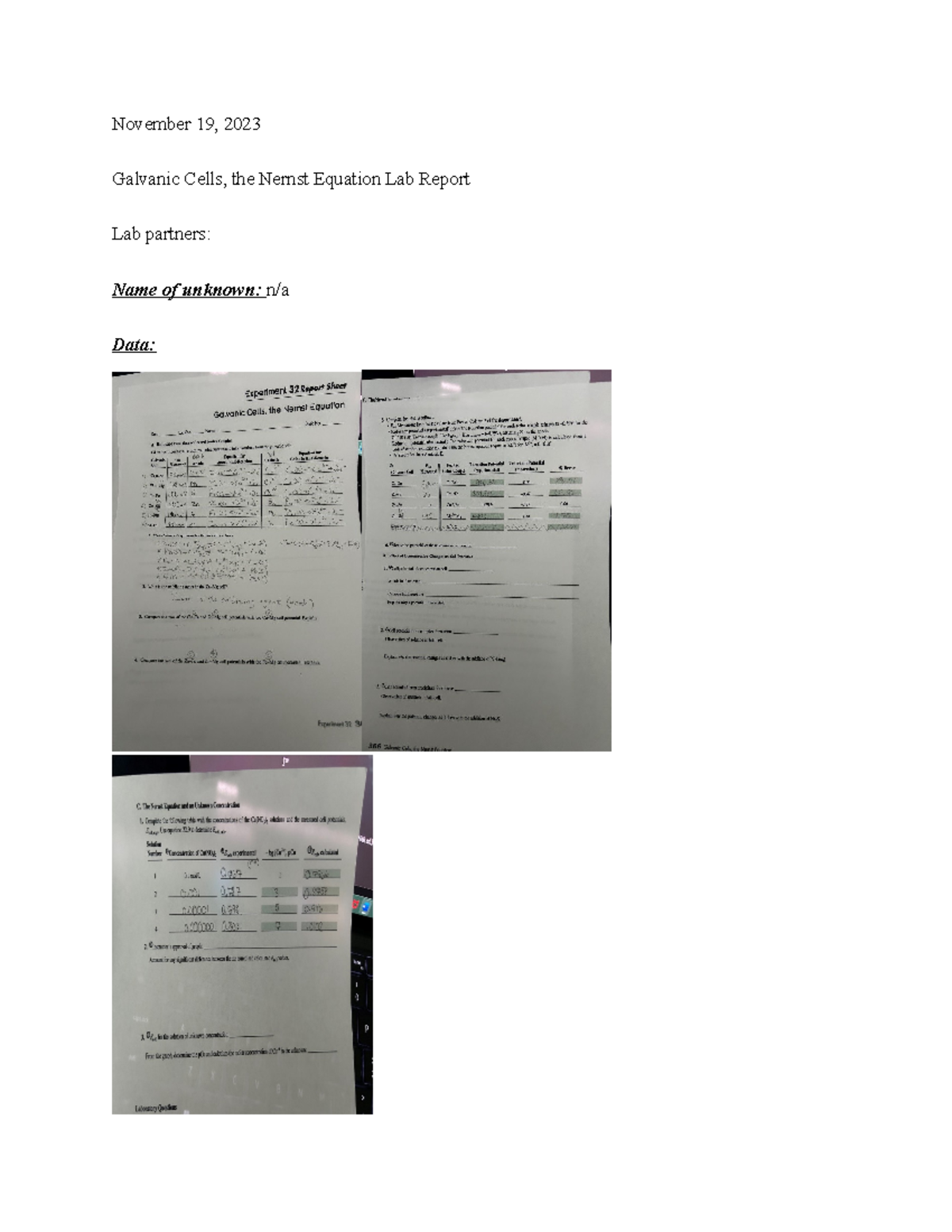 Galvanic Cells & Nernst Equation Lab Report (Exp 32) - Studocu
