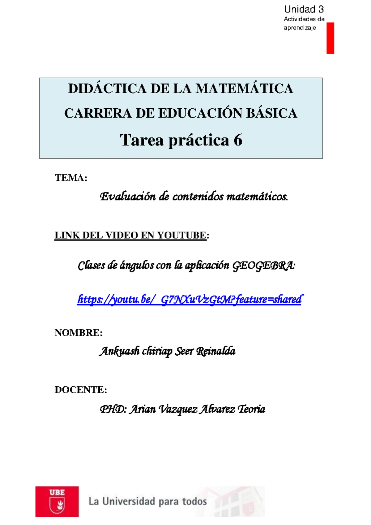 Tarea Práctica matematica 2 - Matemática - Unidad 1 Actividades de aprendizaje TAREA PRACTICA 2 ...