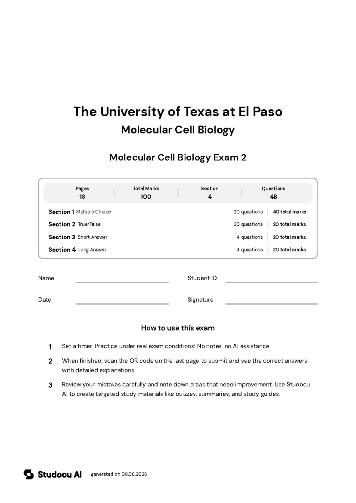 Molecular Cell Biology Exam 2 - Studocu