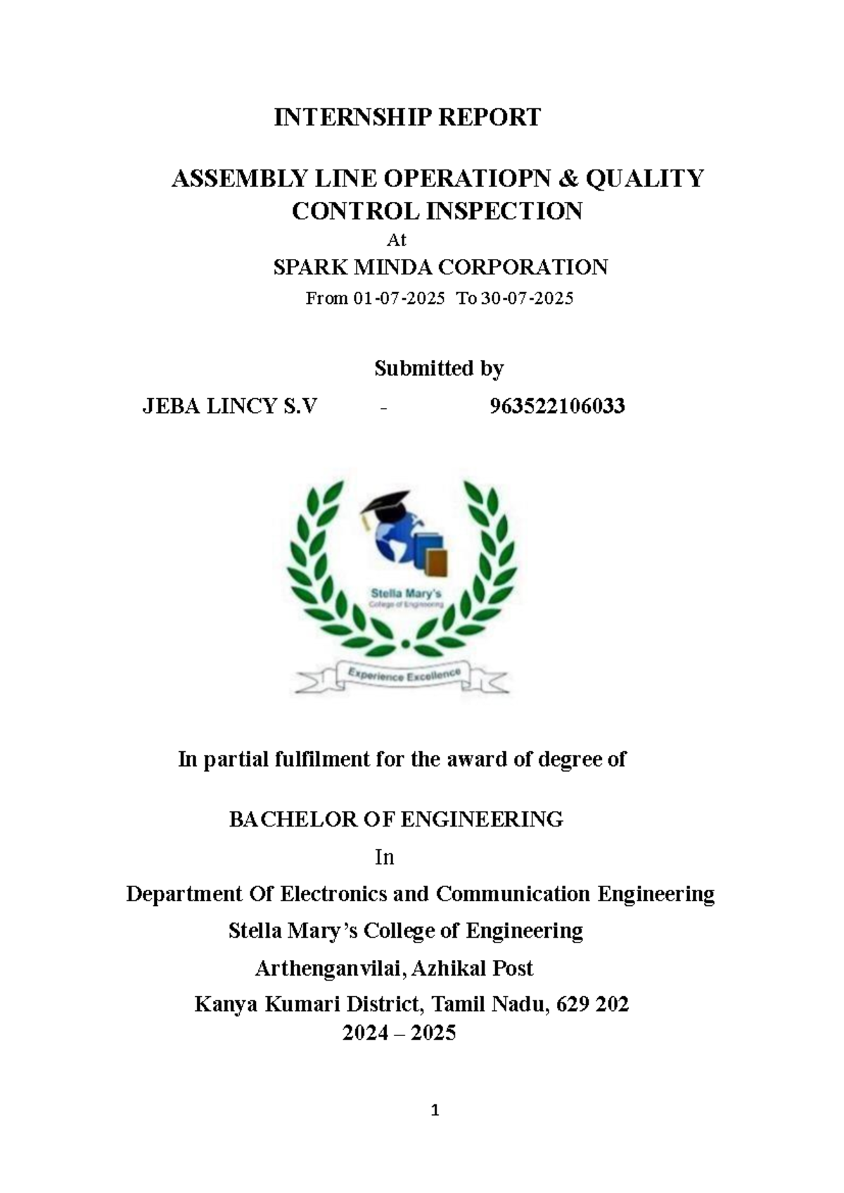 Internship Report: Quality Control & Assembly Line Ops at SPARK MINDA (B.E. ECE) - Studocu