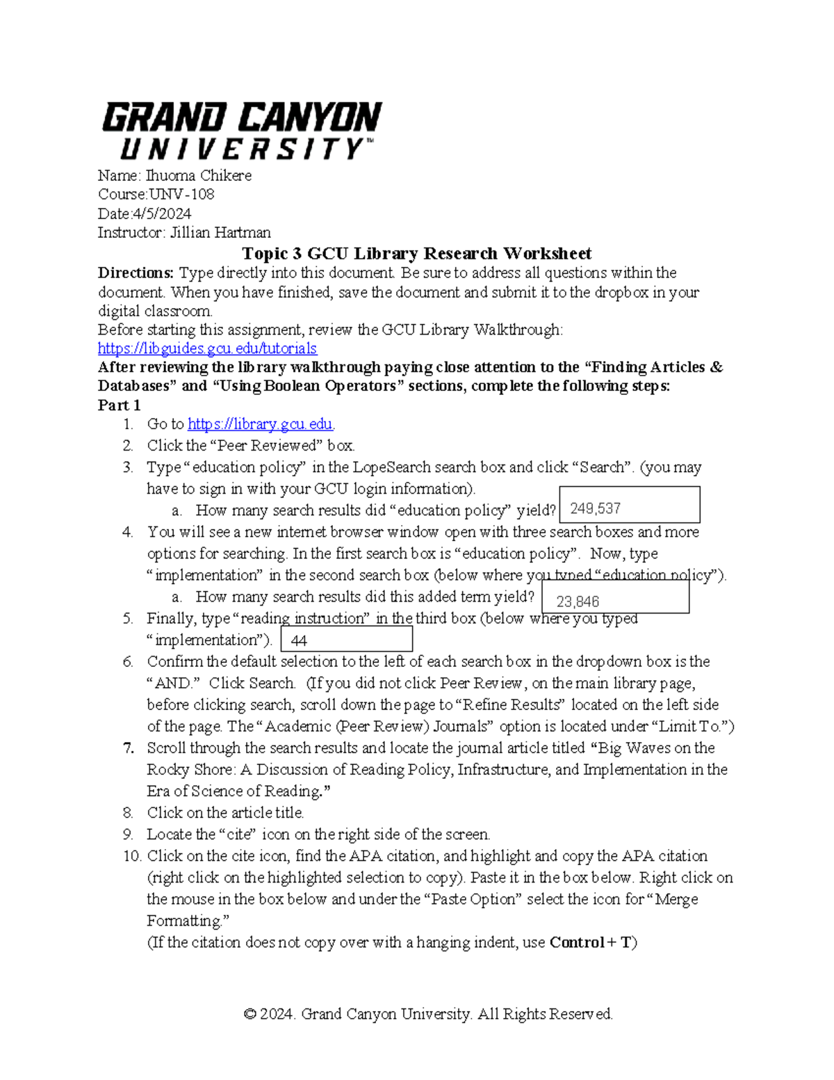 GCU UNV- Research Worksheet: Navigating Library Resources - Studocu
