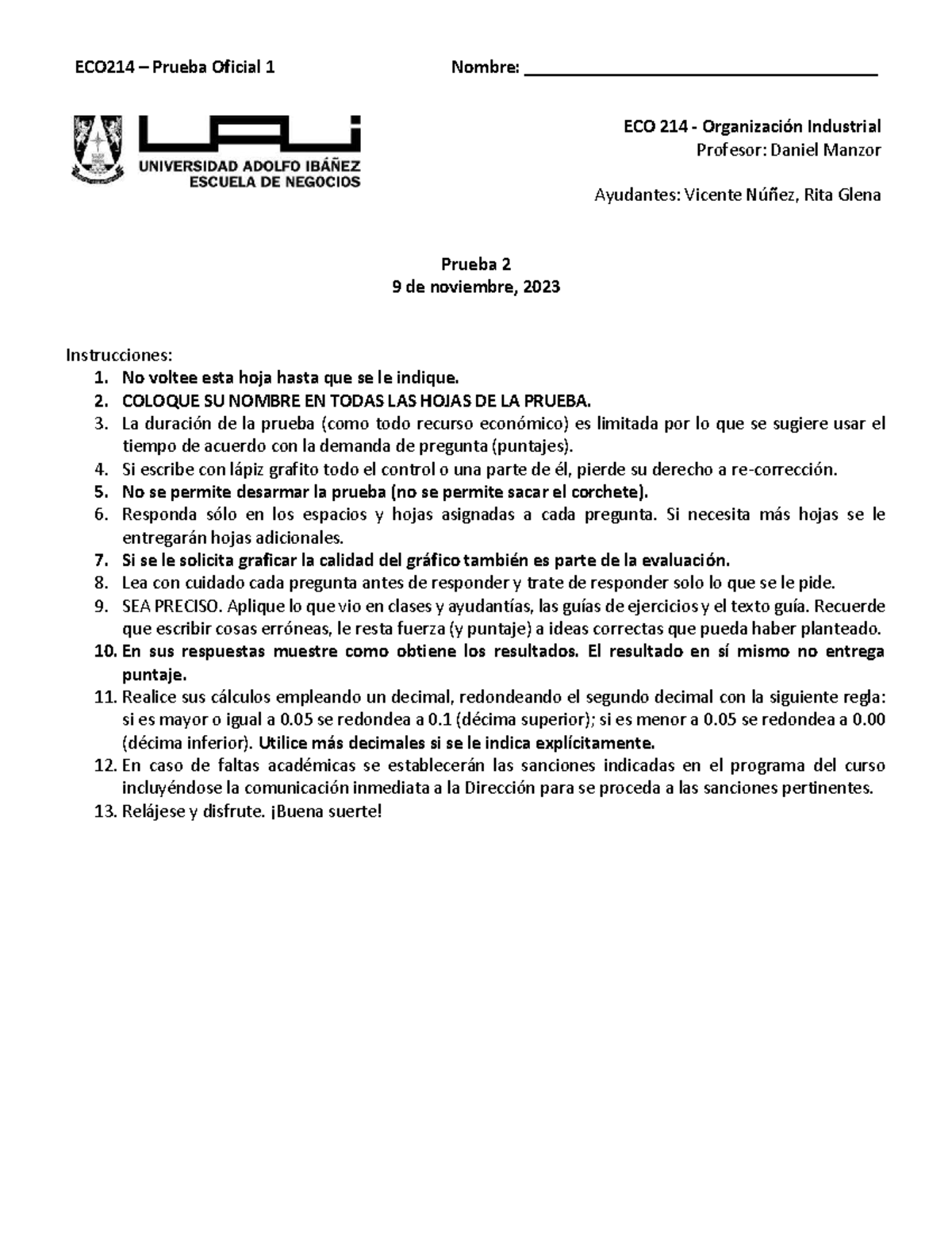2023 2S Organizacion Industrial sec3 - Prueba N°2 - Pauta - ECO 214 - Organización Industrial ...