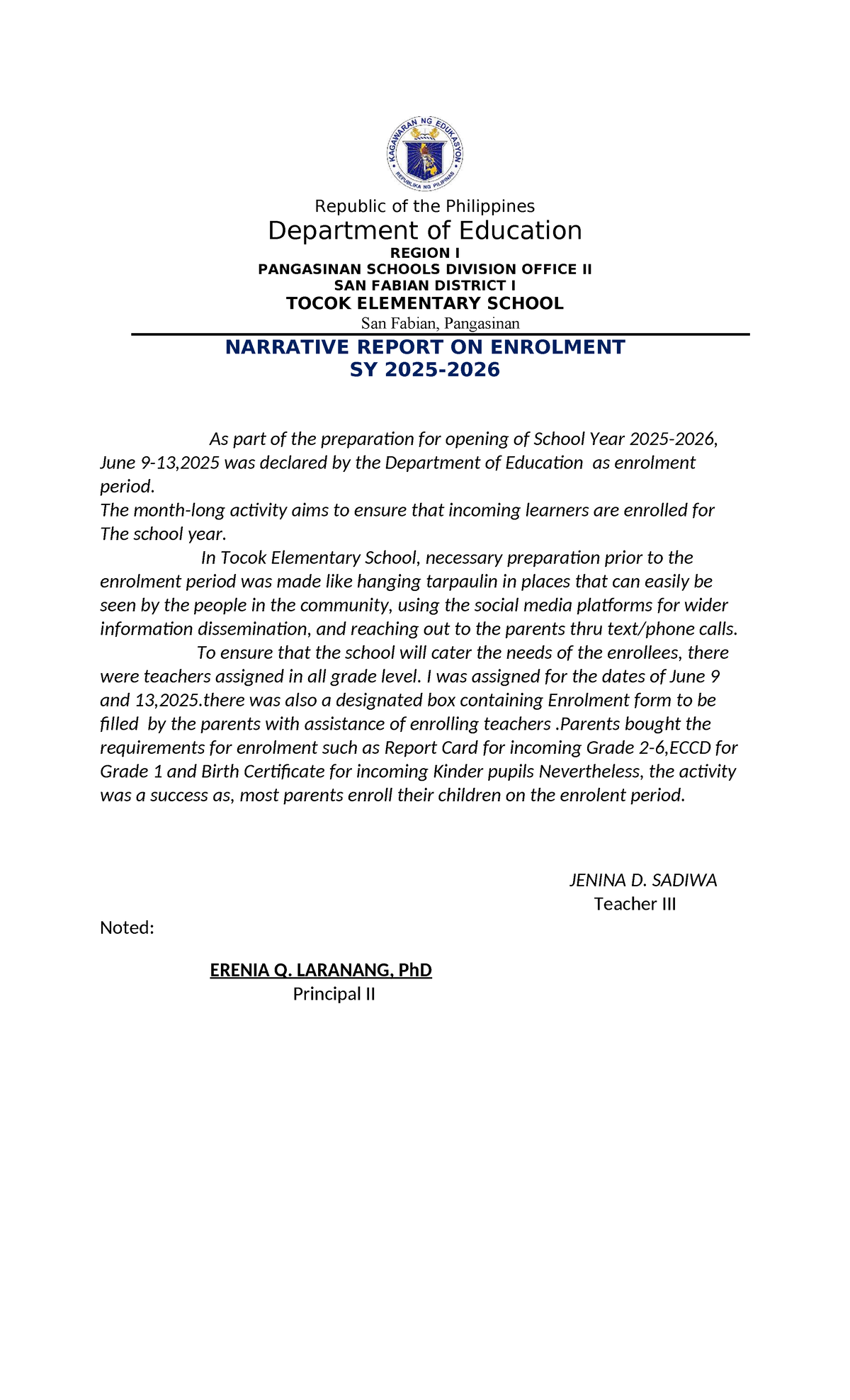 Narrative Report on Enrolment SY 2024-2025 at Tocok Elementary School ...