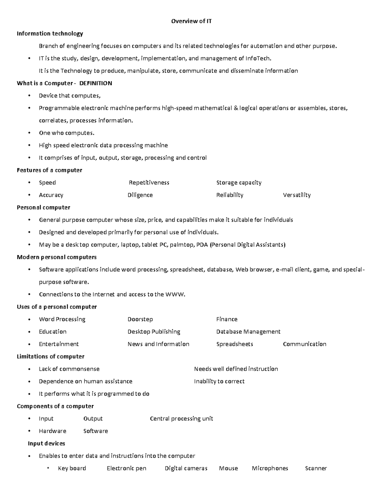 Informatics Notes: Overview of IT, Computers, and Applications - Studocu