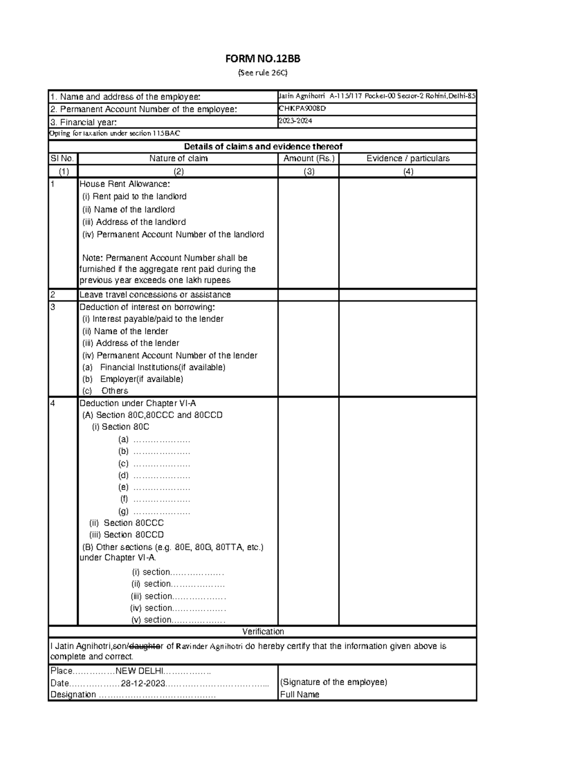 Form 12bb - yjj - FORM NO (See rule 26C) Name and address of the ...
