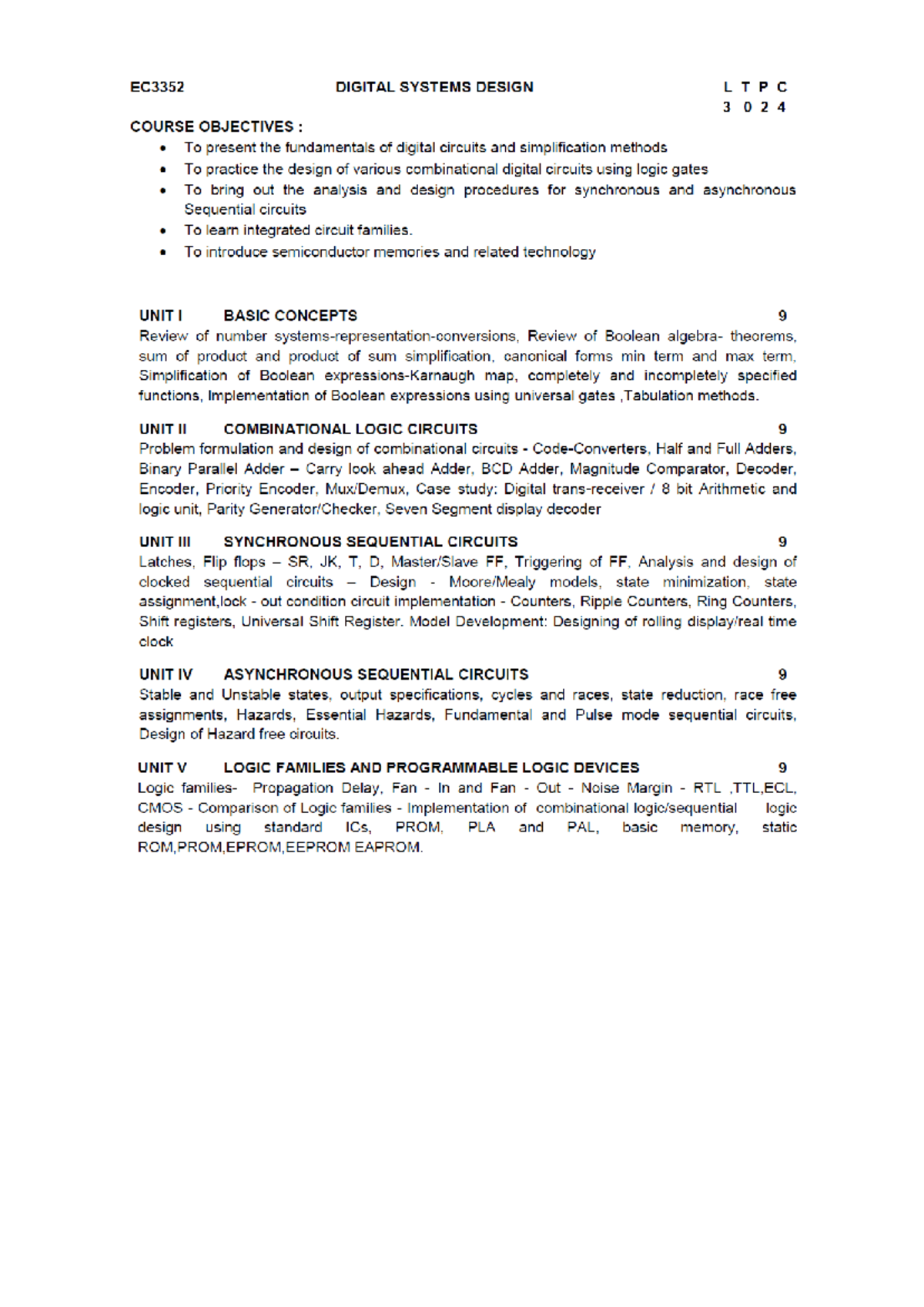 EC3352 Digital Systems Design Syllabus Overview and Objectives - Studocu