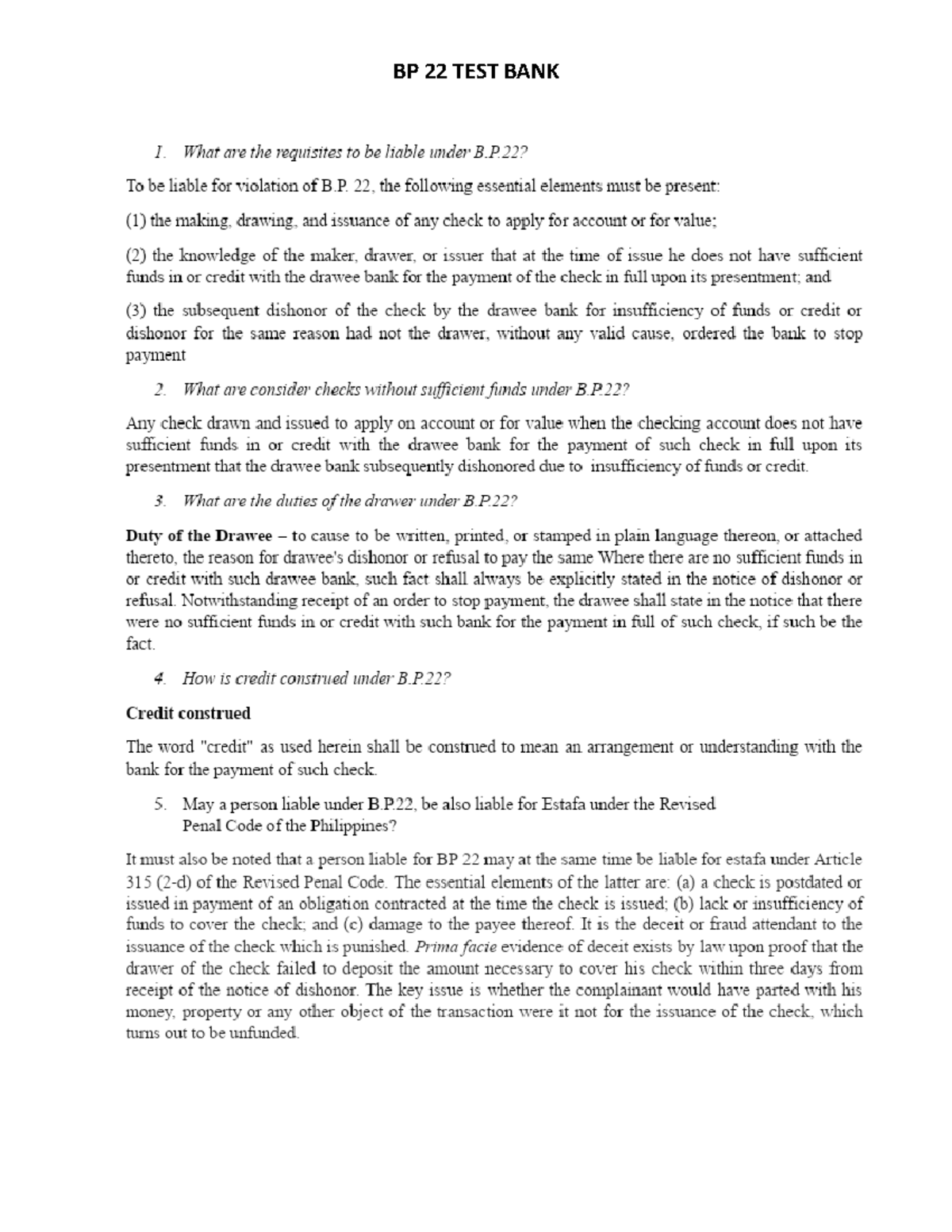 BP 22 TEST BANK - Bouncing Check Concepts and Practice Questions - Studocu