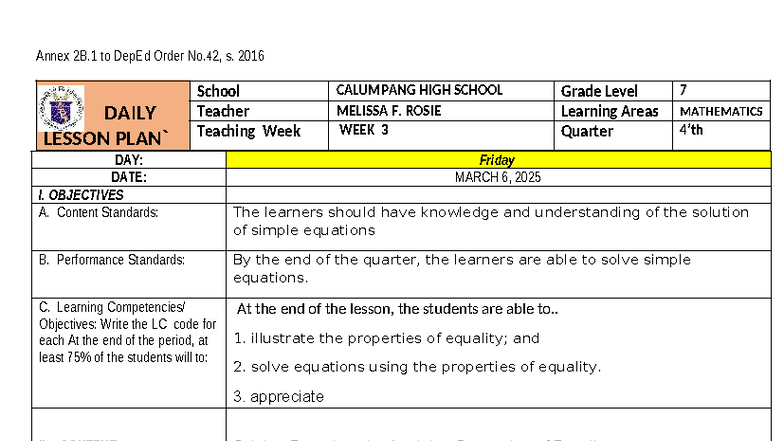 Mathematics 7 Lesson Plan: Solving Equations & Properties of Equality ...