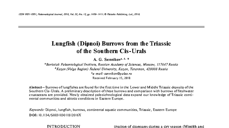 Lungfish (Dipnoi) Burrows from the Triassic: A Study (ISSN 2018) - Studocu