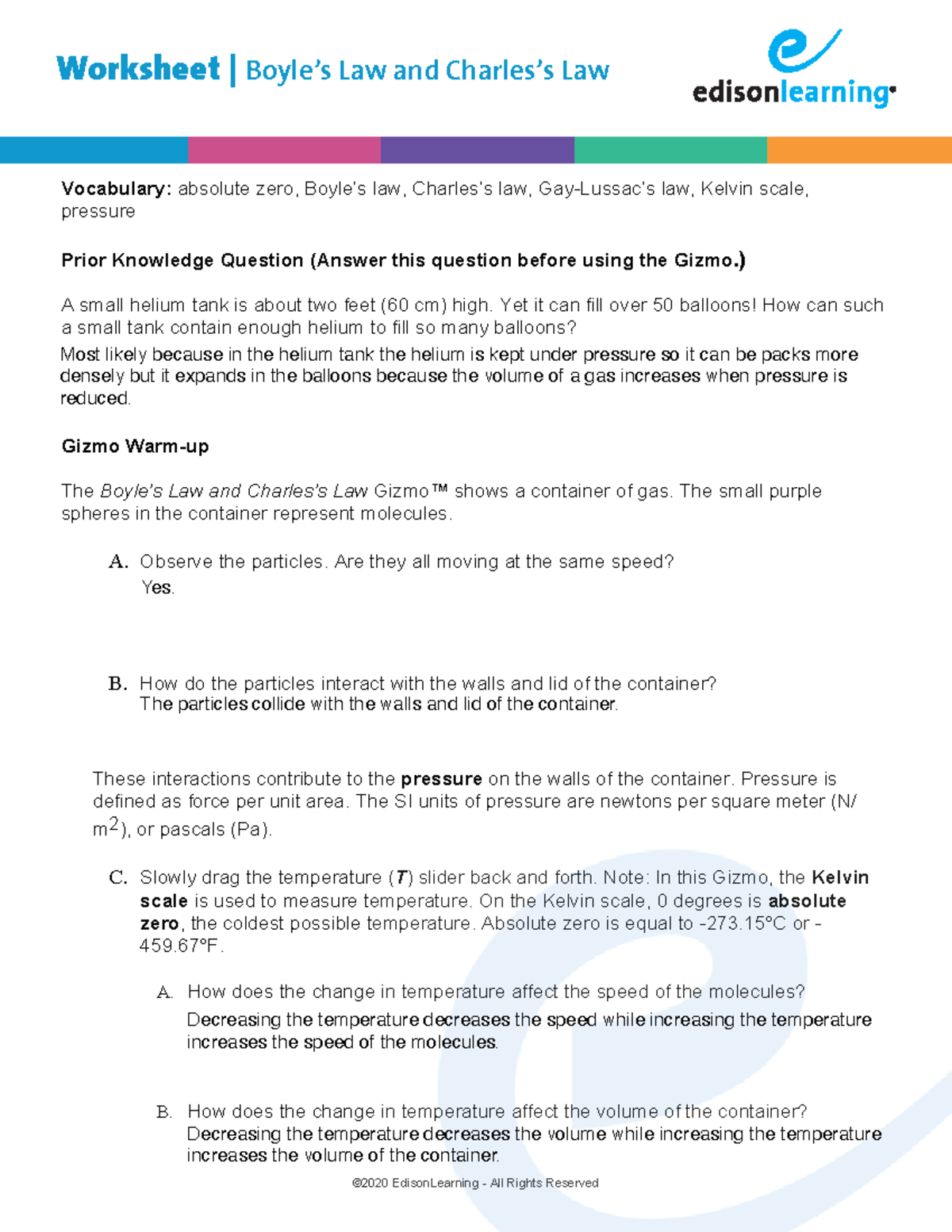 Boyle's Law and Charles's Law Activities (Gizmo) - Science Worksheet ...