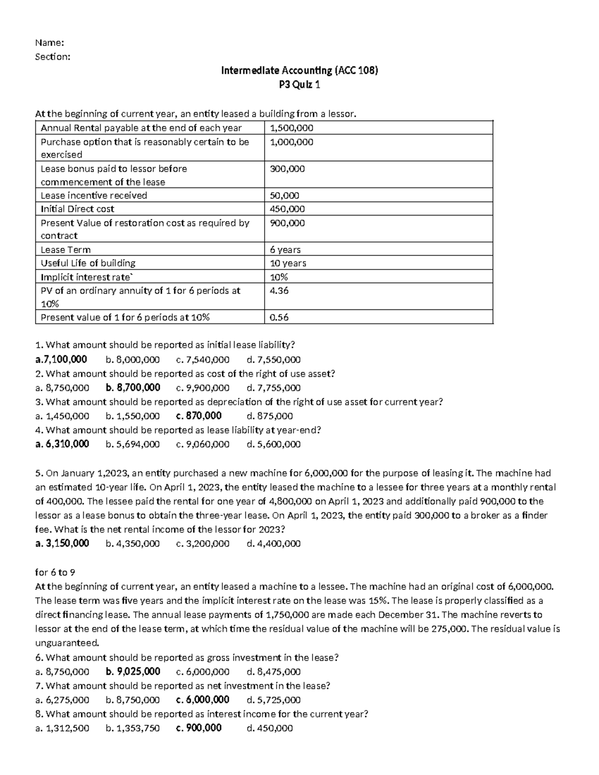 ACC 108 P3 Quiz 1 Ans Key - intacc quiz - Name: Section: Intermediate ...
